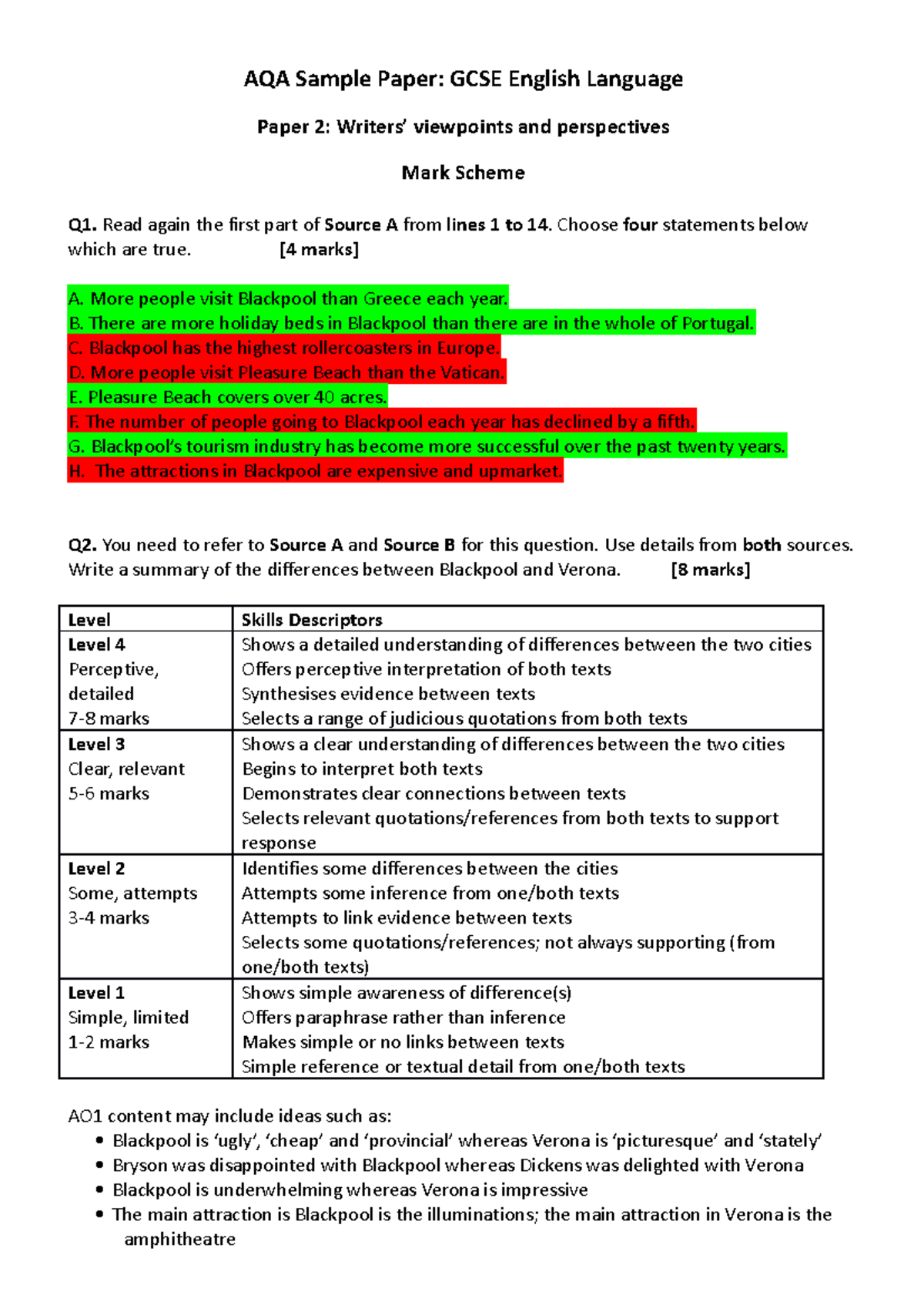 AQA English Language Sample Paper 2a mark scheme - AQA Sample Paper ...