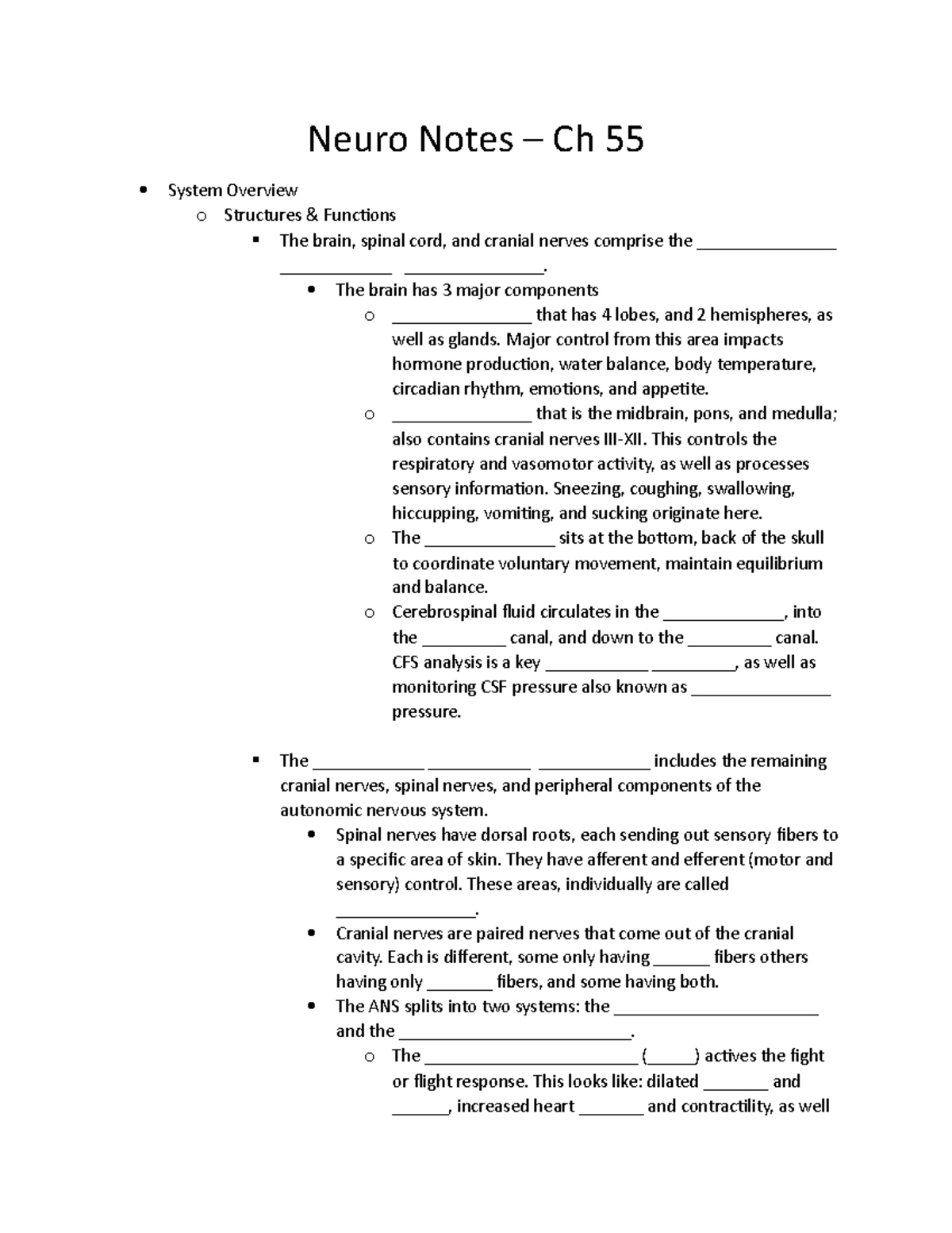 Neuro Lecture Notes for Nursing Students - Neuro Notes – Ch 55 System ...