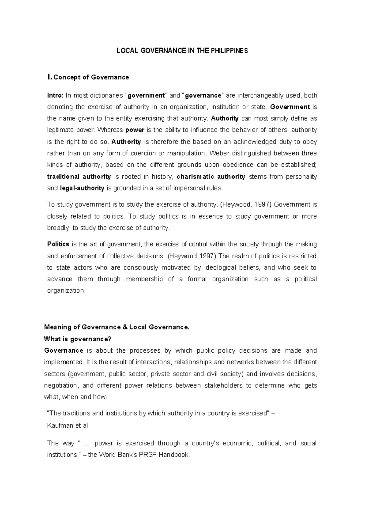 L1 LGU - LOCAL GOVERNANCE IN THE PHILIPPINES I of Governance Intro: In ...