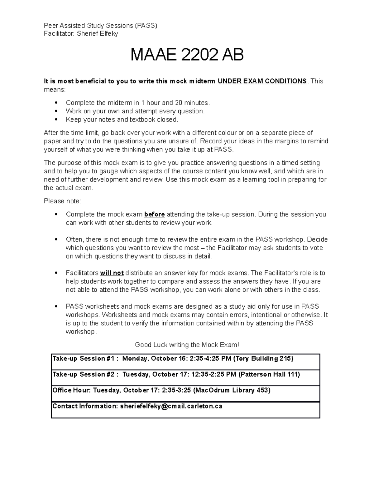 MAAE 2202 AB - Mock Midterm - Facilitator: Sherief Elfeky MAAE 2202 AB ...