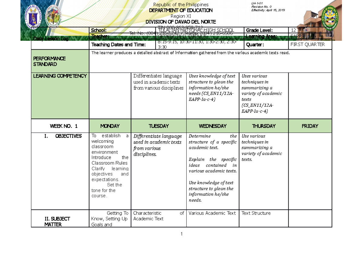 EAPP-W1-Q1 - Daily Lesson Log - Daily Lesson Log School: TULALIAN ...