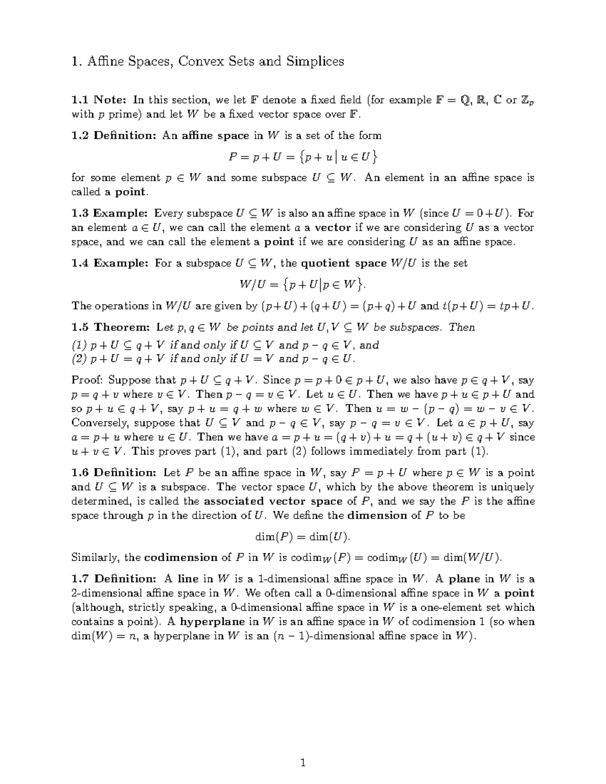 Chap1affine Spaces By Sn 1 Affine Spaces Convex Sets And Simplices 1 Note In This