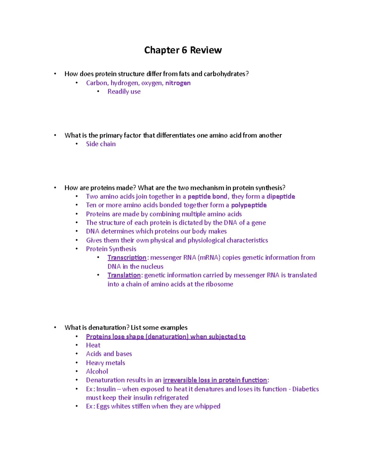 Chapter 6 Review - Chapter 6 Review How does protein structure differ ...