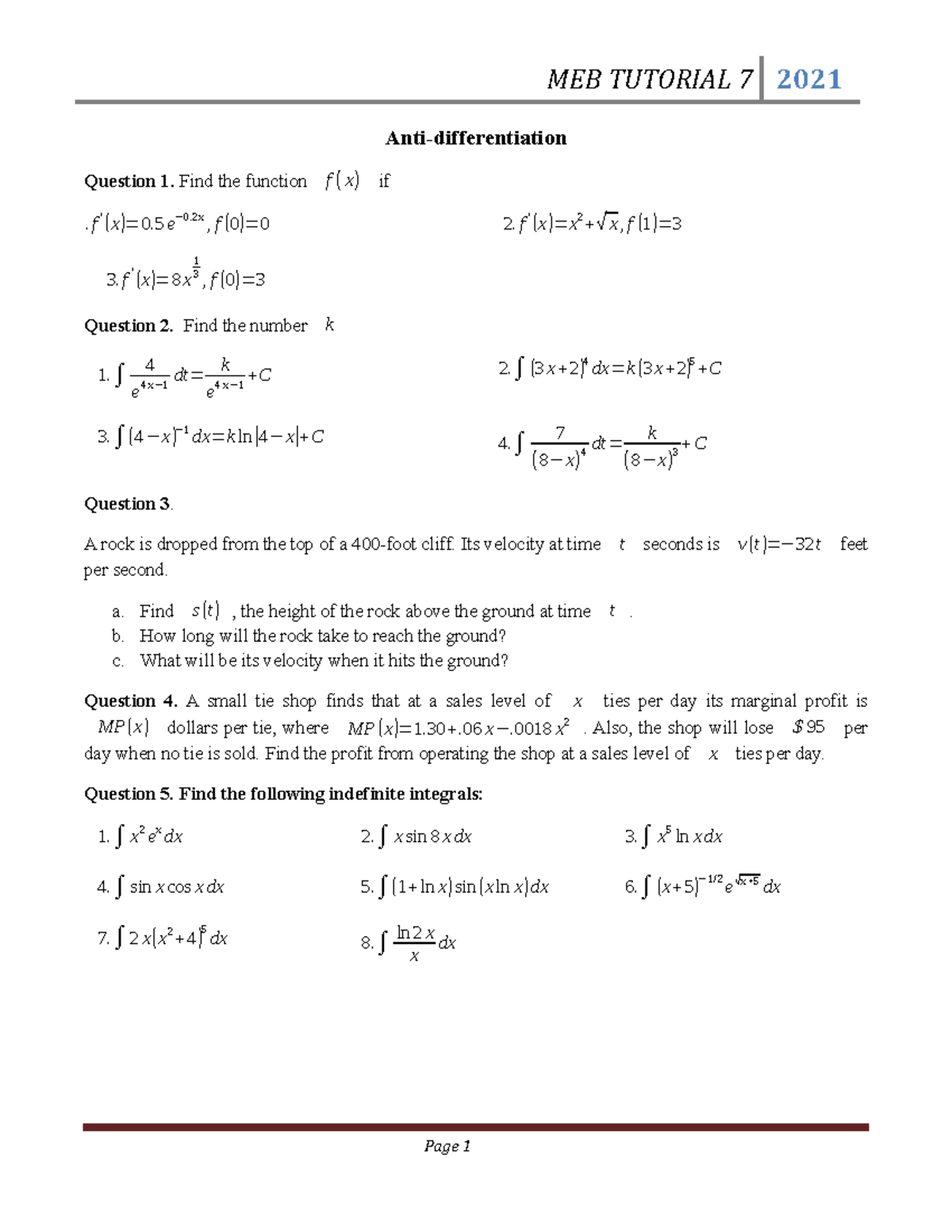 MEB 2021 TUT 7 - Mathematics for economics and business tutorial 7 for ...
