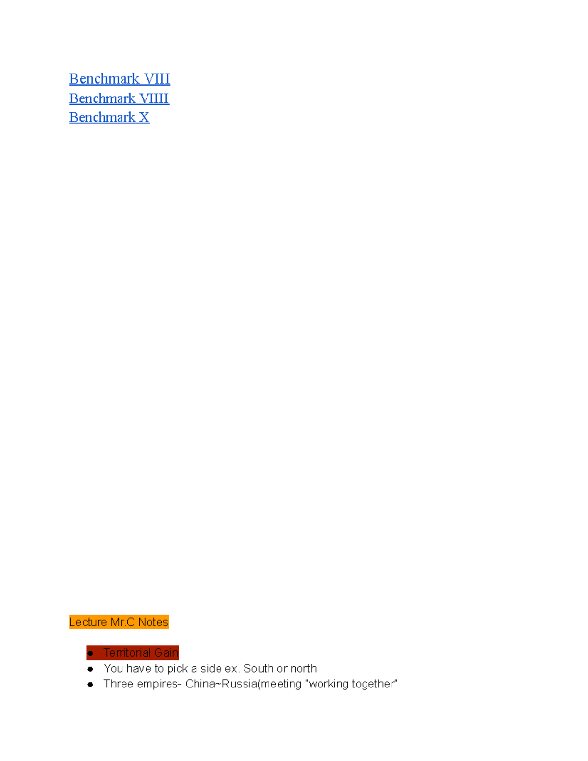 World History Journal pt - Benchmark VIII Benchmark VIIII Benchmark X ...