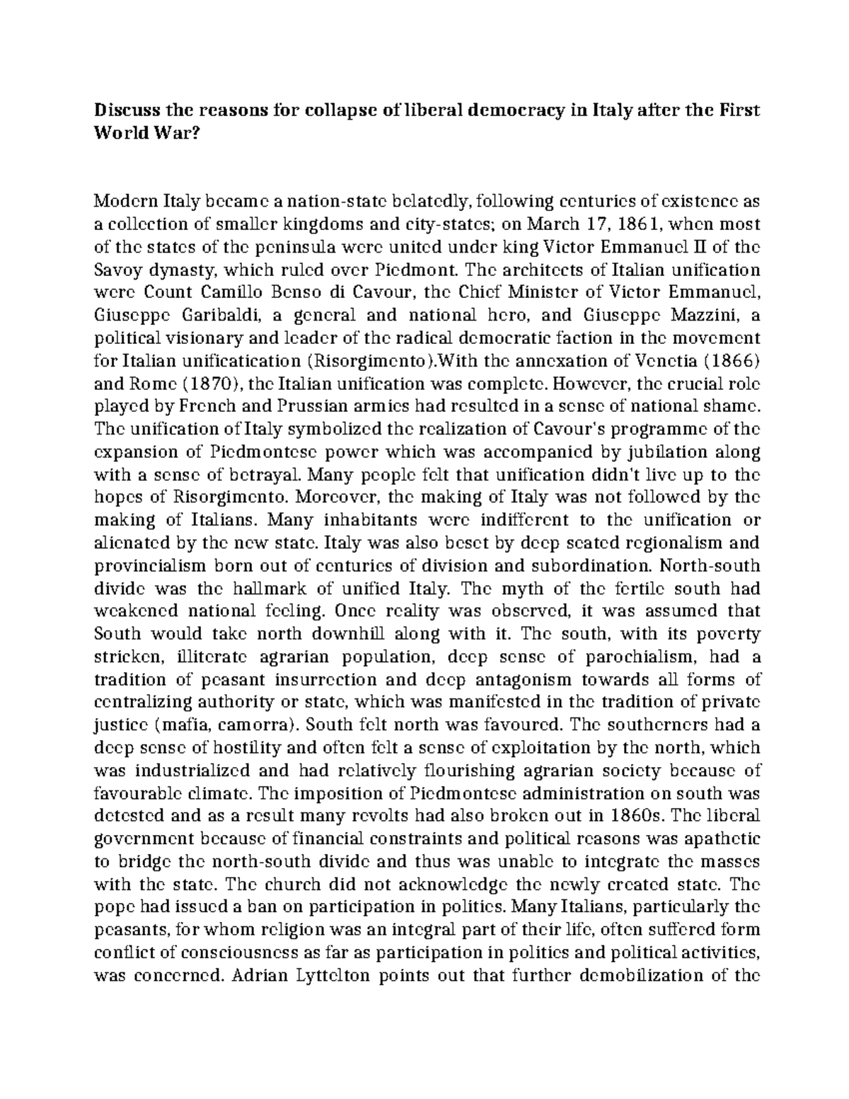 Fascism in Italy - Discuss the reasons for collapse of liberal ...