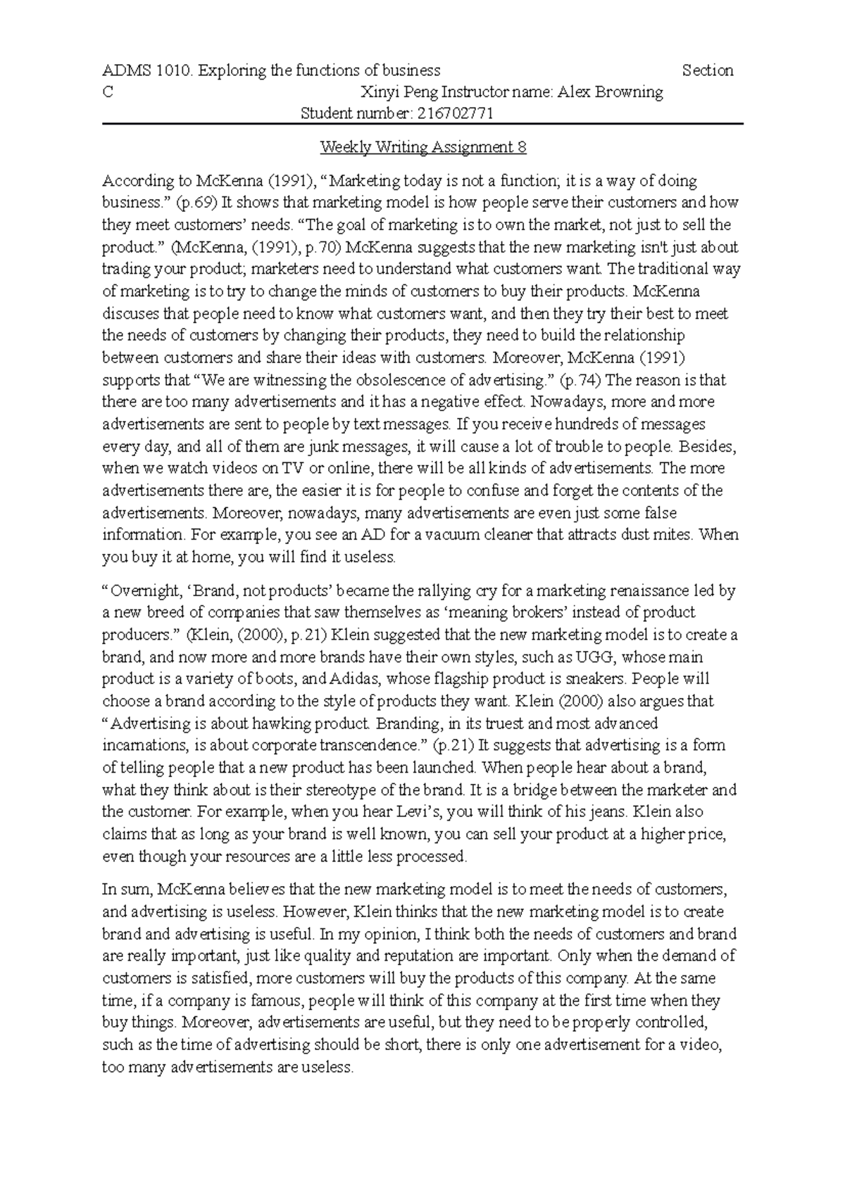 Weekly Writing Assignment 8 - ADMS 1010. Exploring the functions of ...