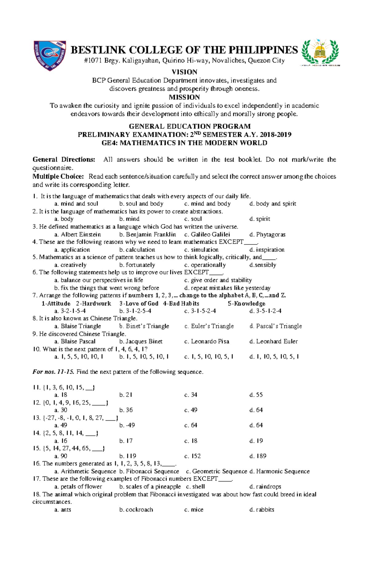 Ge 4 mathematics in the modern world - BESTLINK COLLEGE OF THE ...