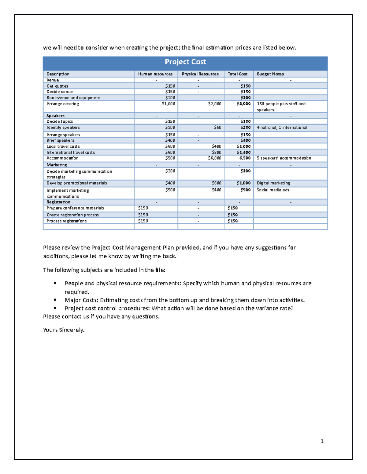 We will need to consider when creating the project - Project Cost ...