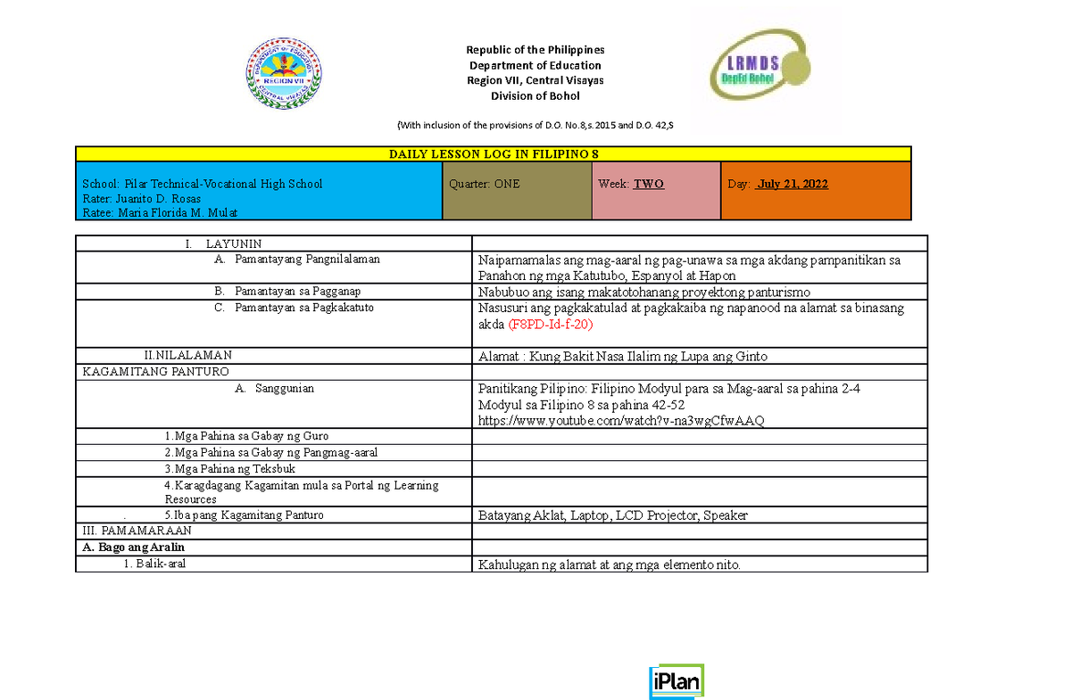 Observe.Quarter Daily Lesson LOG IN Filipino 8 - Republic of the ...