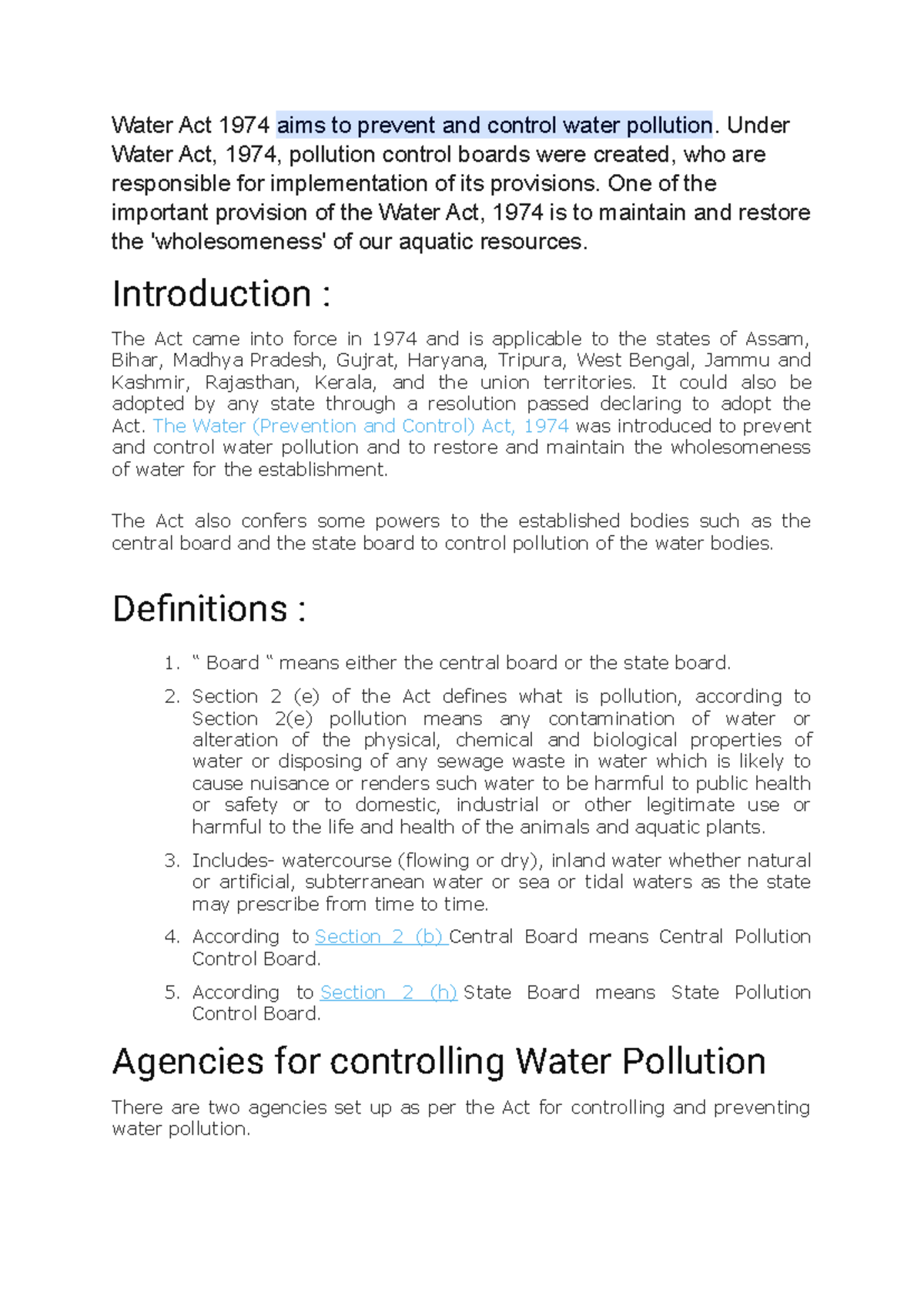 Environmental assignment - Water Act 1974 aims to prevent and control ...