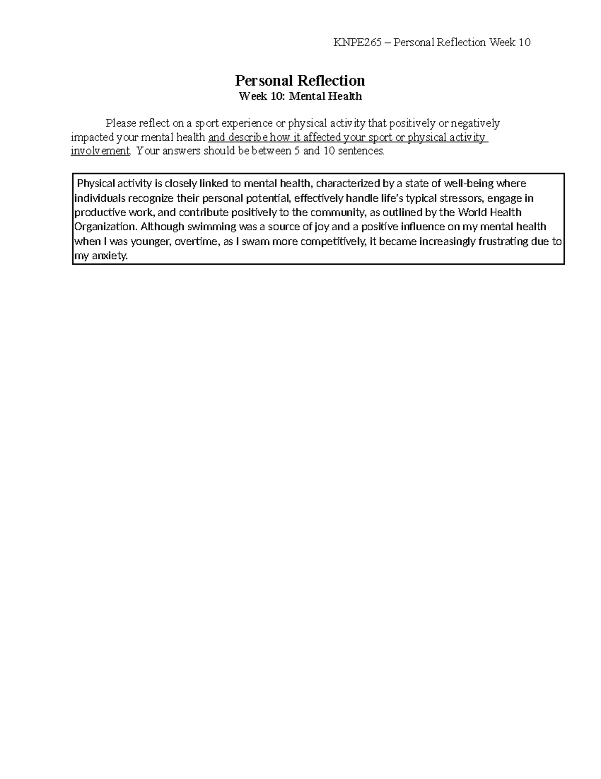 Mental health Reflection - KNPE265 – Personal Reflection Week 10 ...