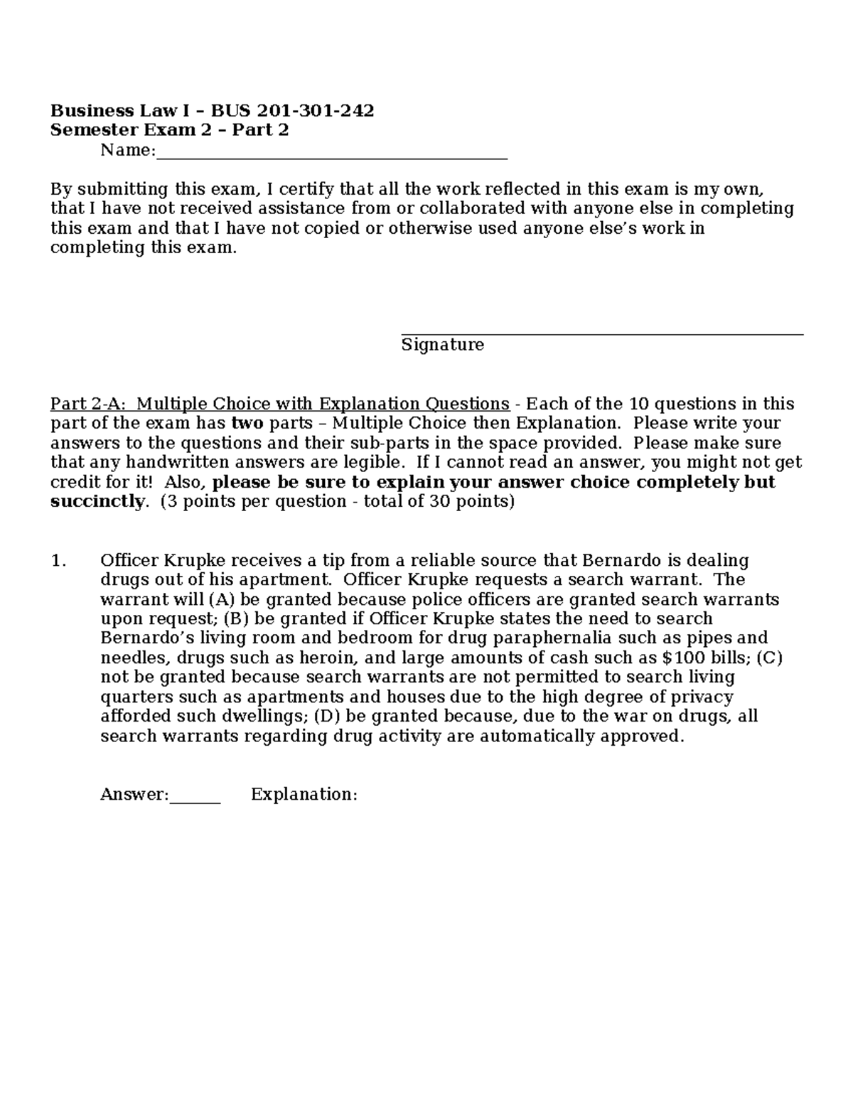 BUS 201-301-242 - Business Law I - Spring 2024 - Second Semester Exam - Part 2-1 - Business Law ...