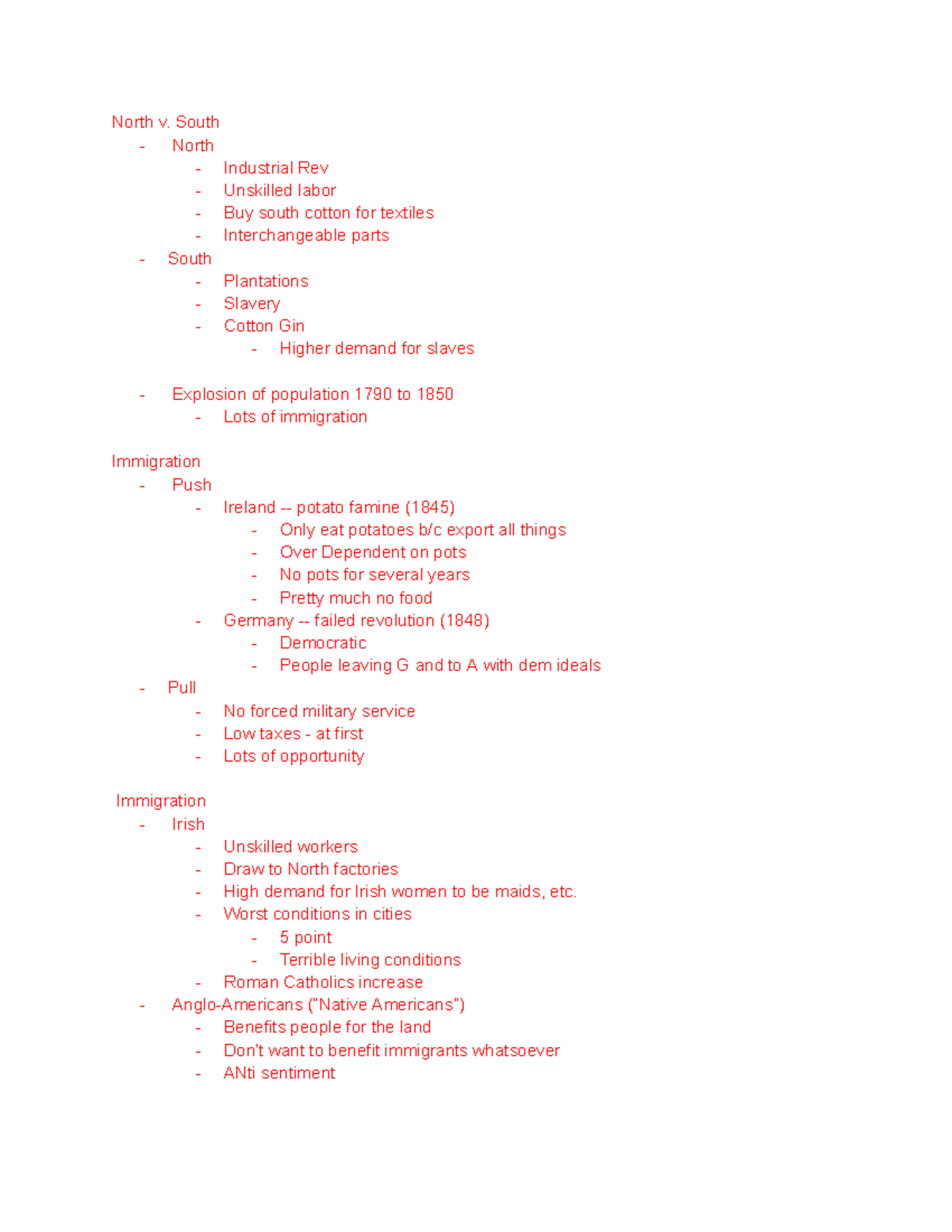 Immigration Notes- Apush Unit 4 - North v. South - North - Industrial ...