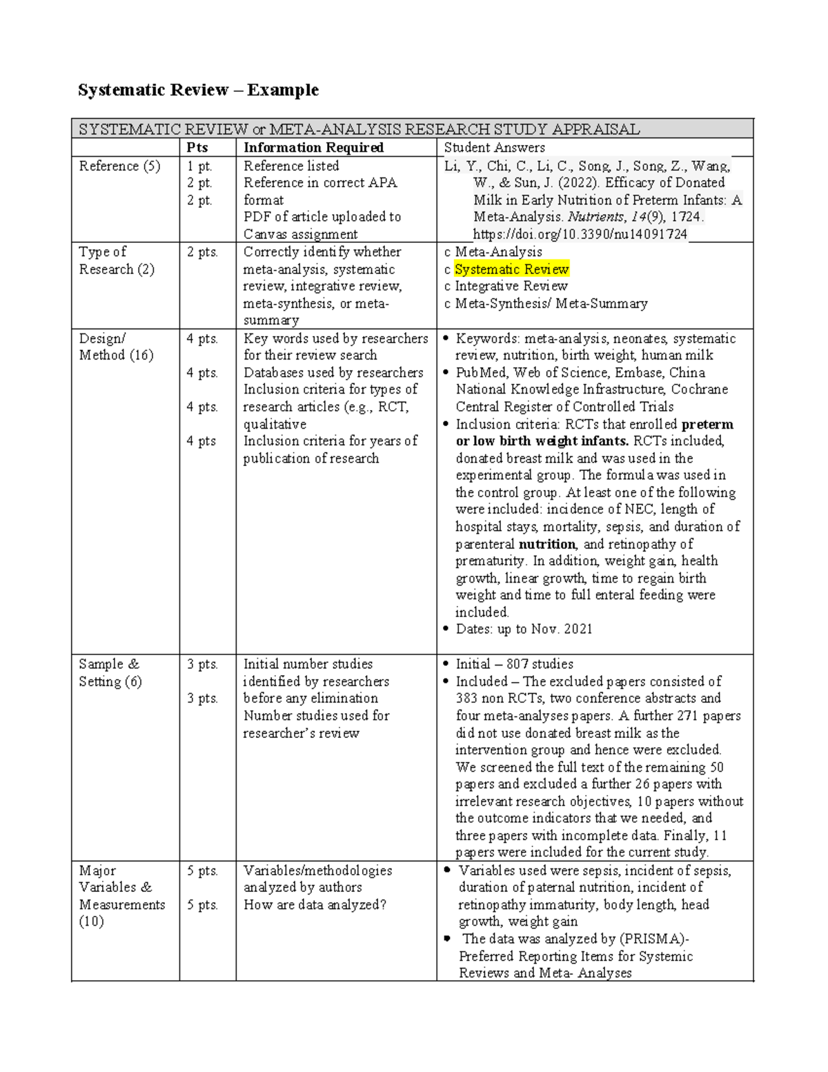 Systematic review - 2 pt. 2 pt. Reference listed Reference in correct ...