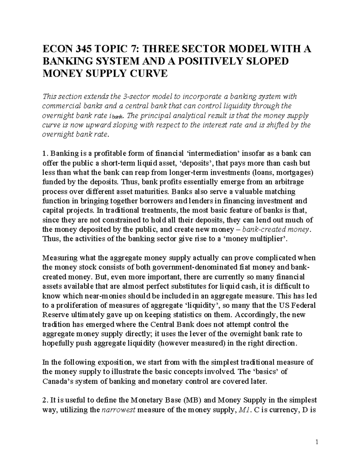 345 Topic 7 Three Sector Model WITH Banking System - ECON 345 TOPIC 7 ...