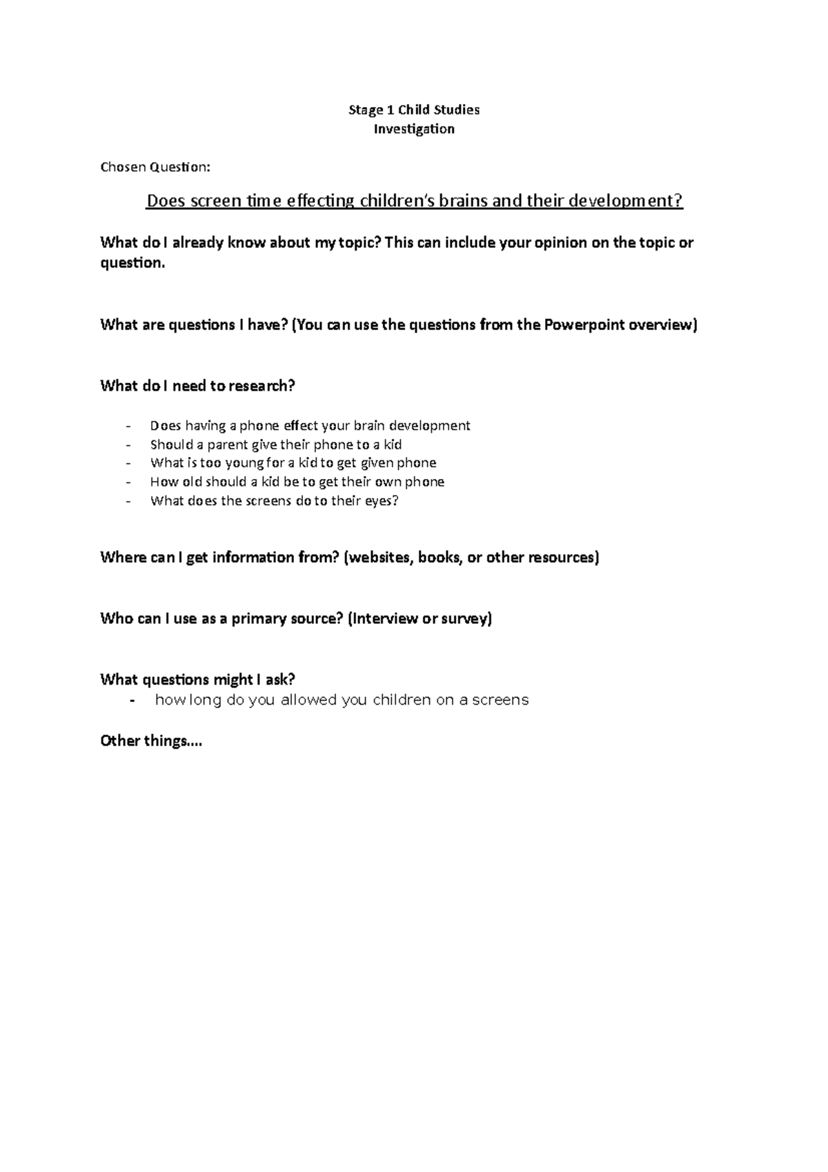 Research and Planning Template - Stage 1 Child Studies Investigation ...