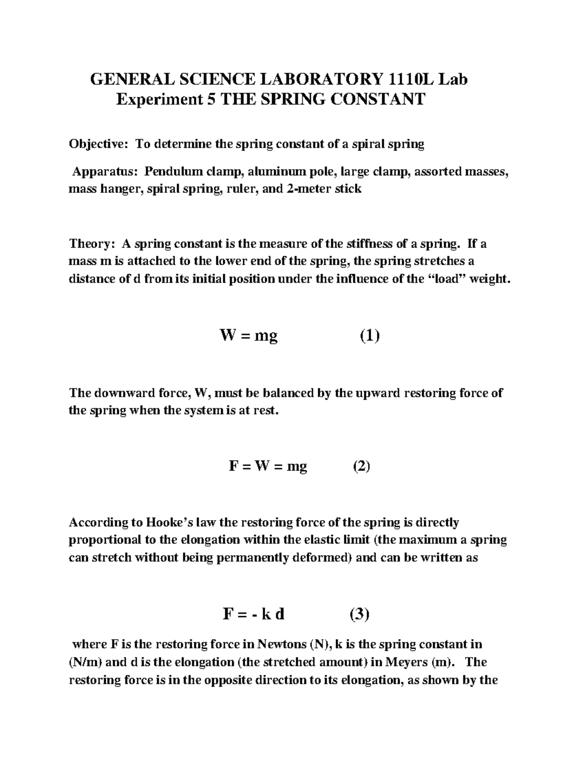 181Springconstlab - lab report - GENERAL SCIENCE LABORATORY 1110L Lab ...