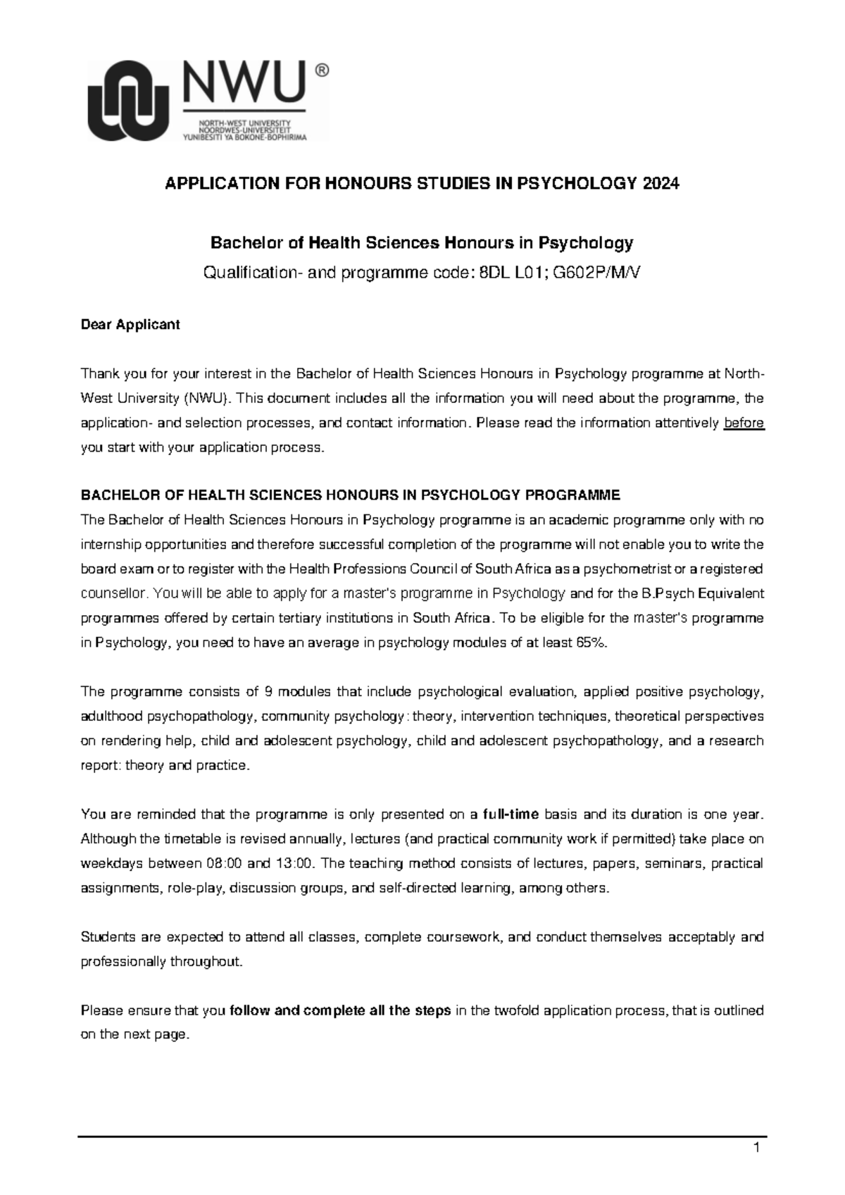 BHSc-Hons-Psych 2024 - Summary of requirements for honours programme. - APPLICATION FOR HONOURS ...