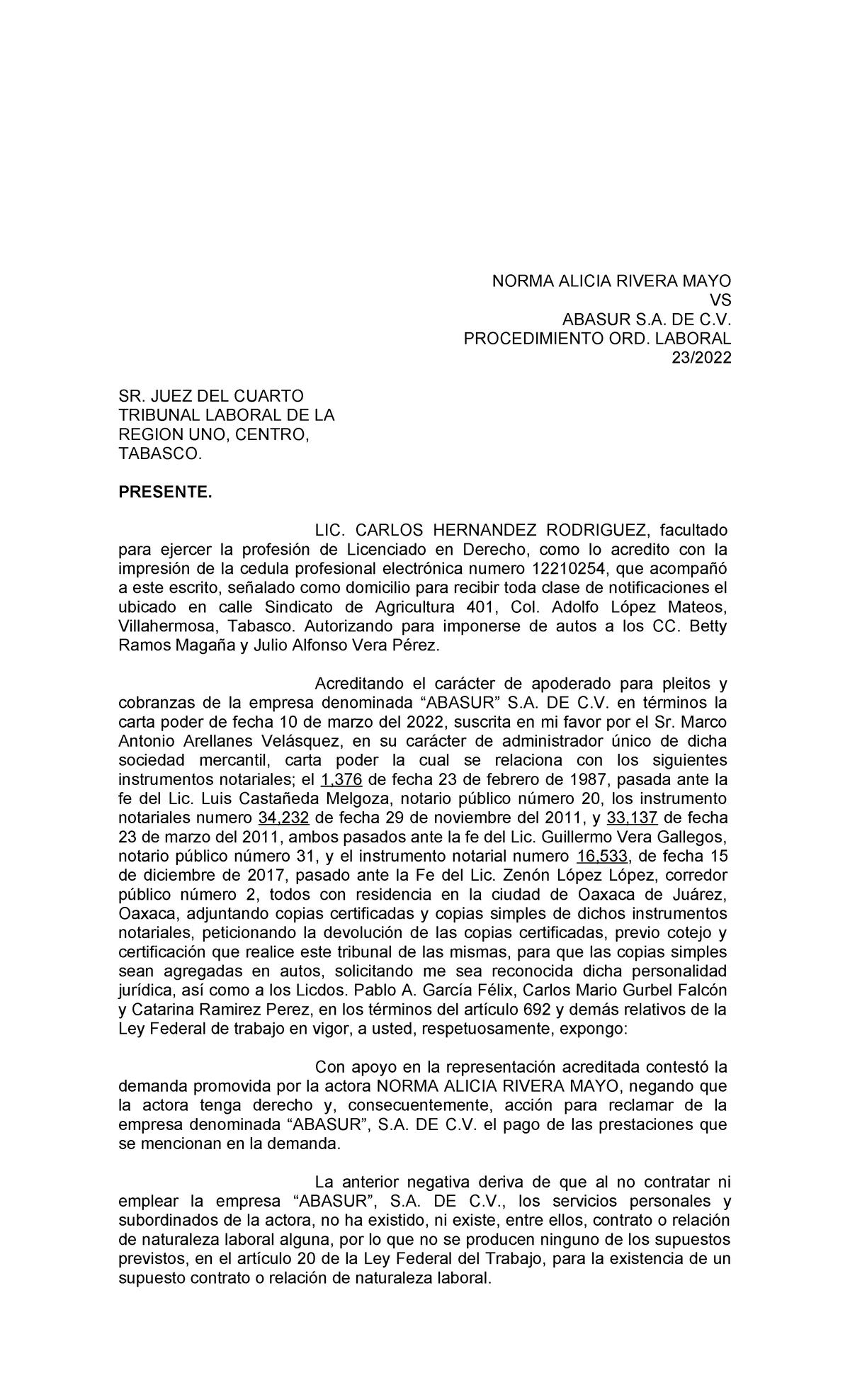 Contestación de demanda en negativa - NORMA ALICIA RIVERA MAYO VS ...