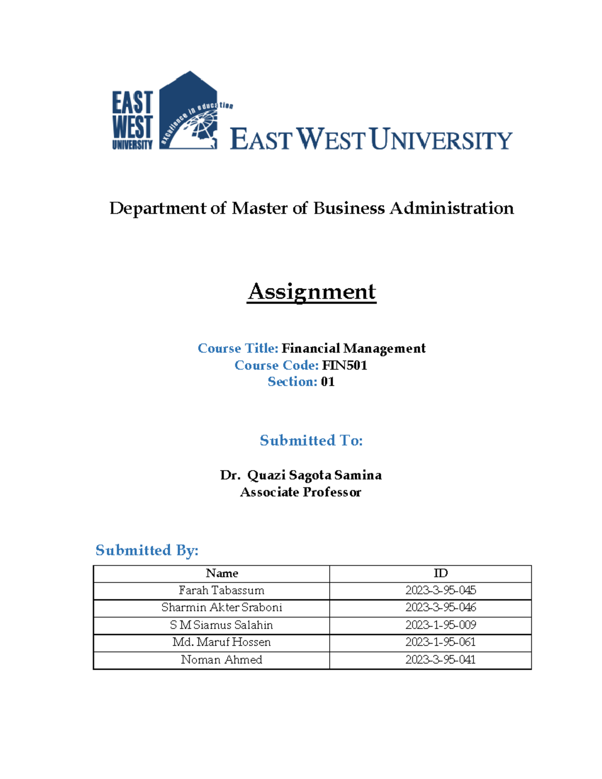 FIN Assignment - Department of Master of Business Administration ...