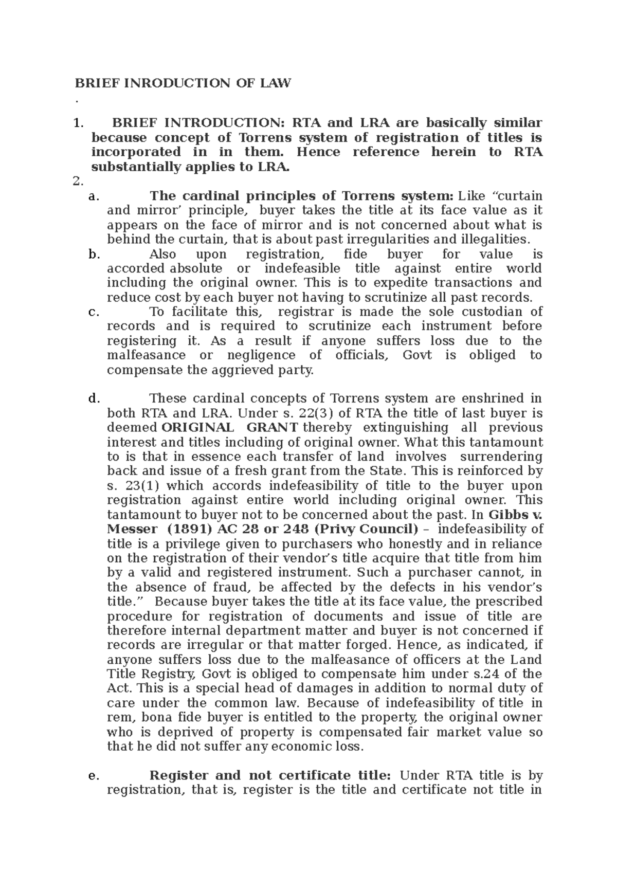 Torrens Systems - CONVEYANCING - BRIEF INRODUCTION OF LAW . BRIEF ...