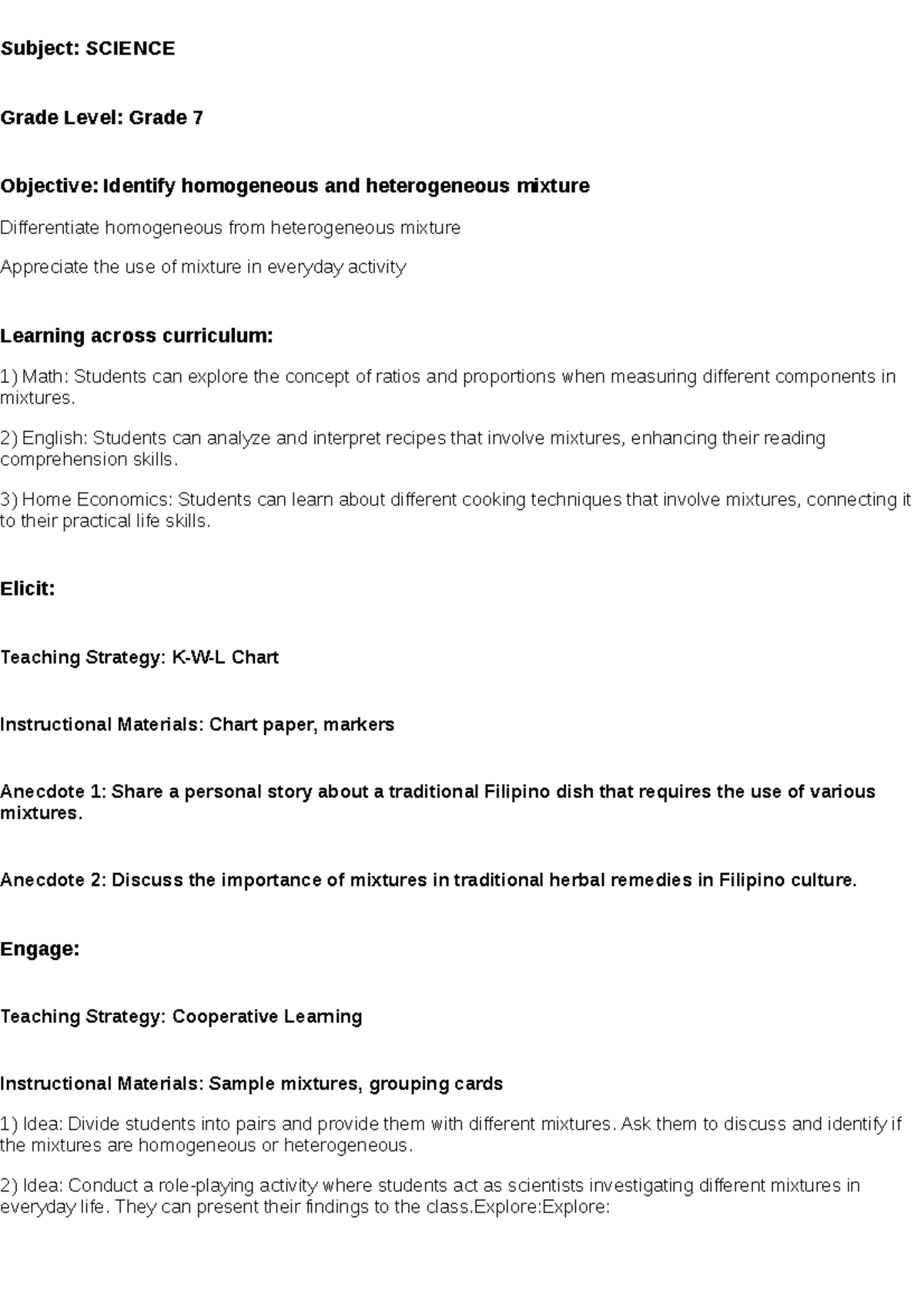 Lesson plan - LP 7 SCIENCE - Subject: SCIENCE Grade Level: Grade 7 ...