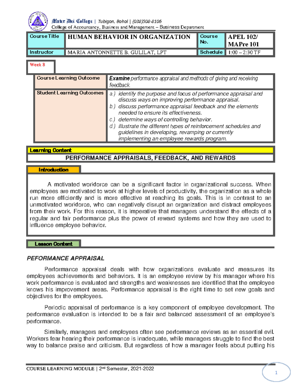 Learning Module Week 8 in Human Beahviour in Org - College of ...