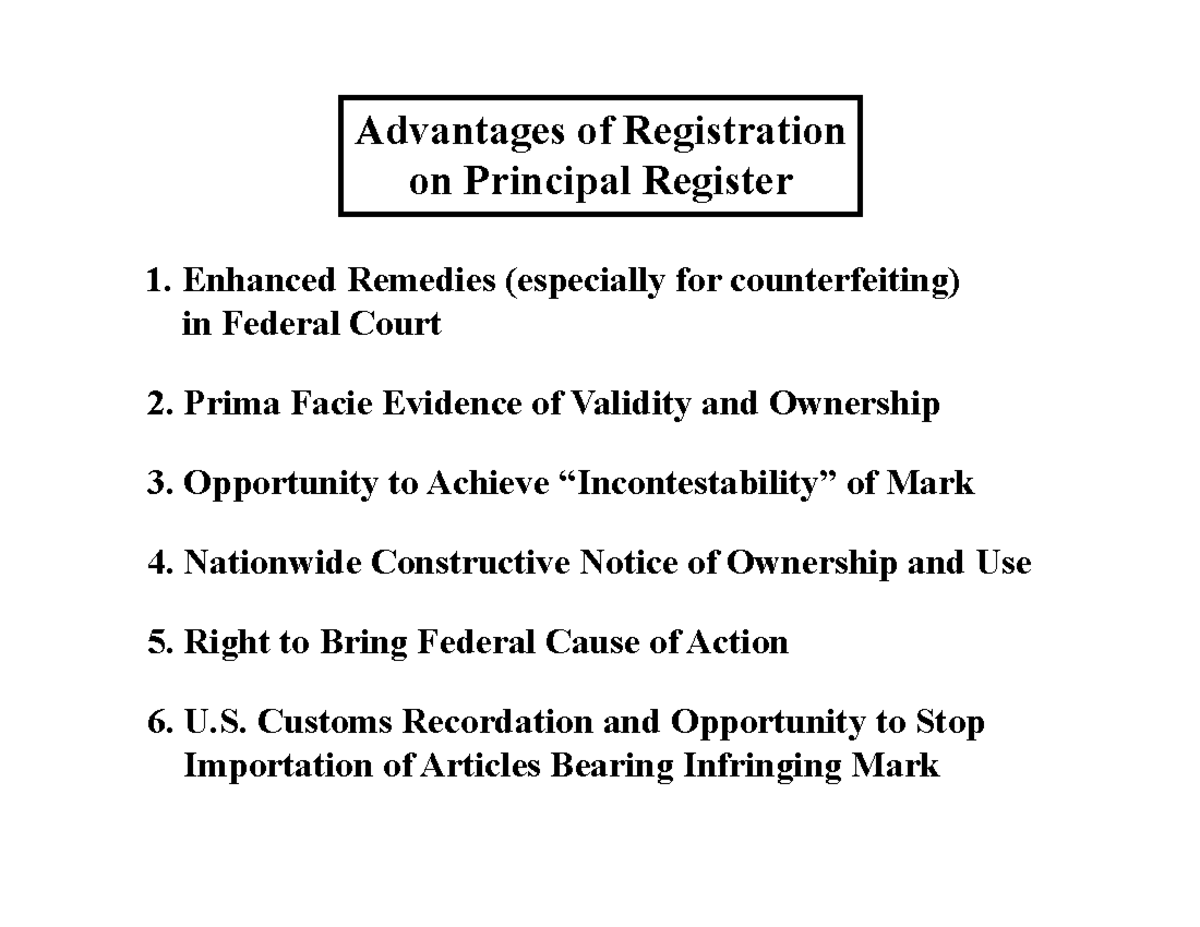 IP Law 2023 - TM Infringement handouts - Advantages of Registration on ...