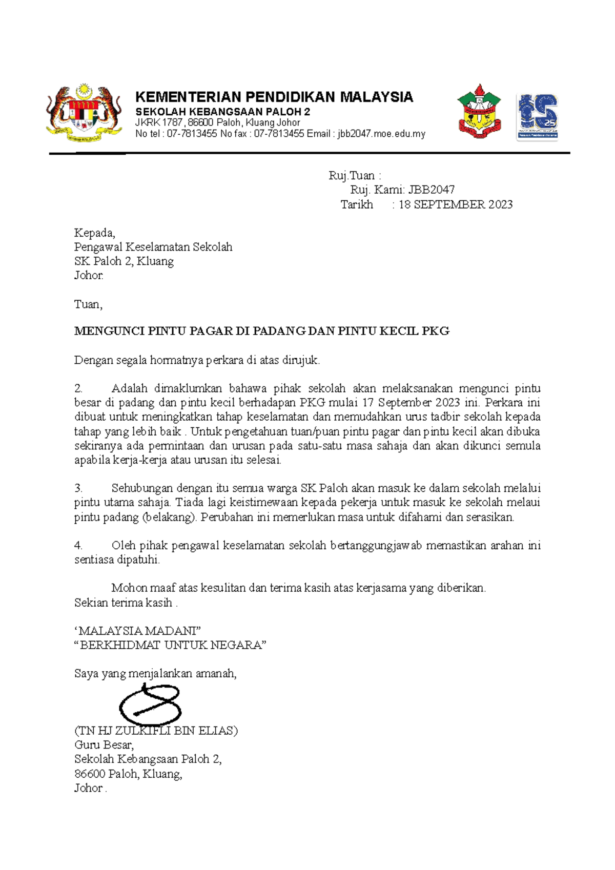 Surat PKK - nobaik dan berkesan - Ruj : Ruj. Kami: JBB Tarikh : 18 SEPTEMBER 2023 Kepada ...