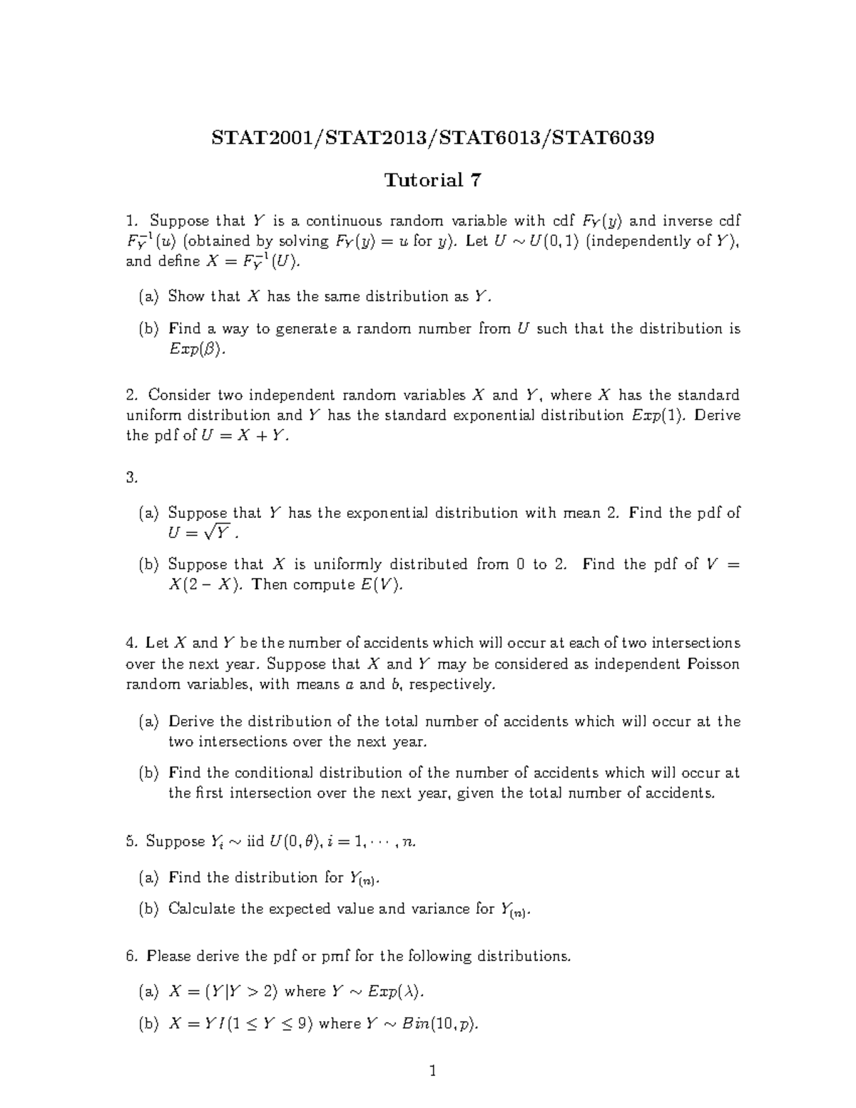 Tutorial 7 - STAT2001/STAT2013/STAT6013/STAT Tutorial 7 Suppose thatY is a continuous random ...