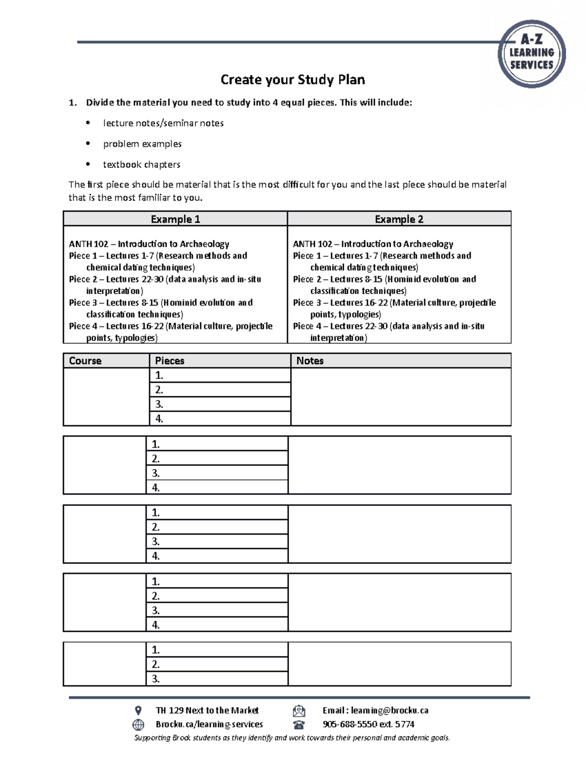Study Plan Handout - planning stage - Create your Study Plan Divide the material you need to ...
