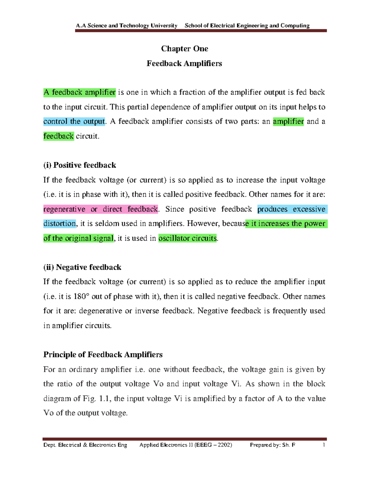 Applied II note - Chapter One Feedback Amplifiers A feedback amplifier ...