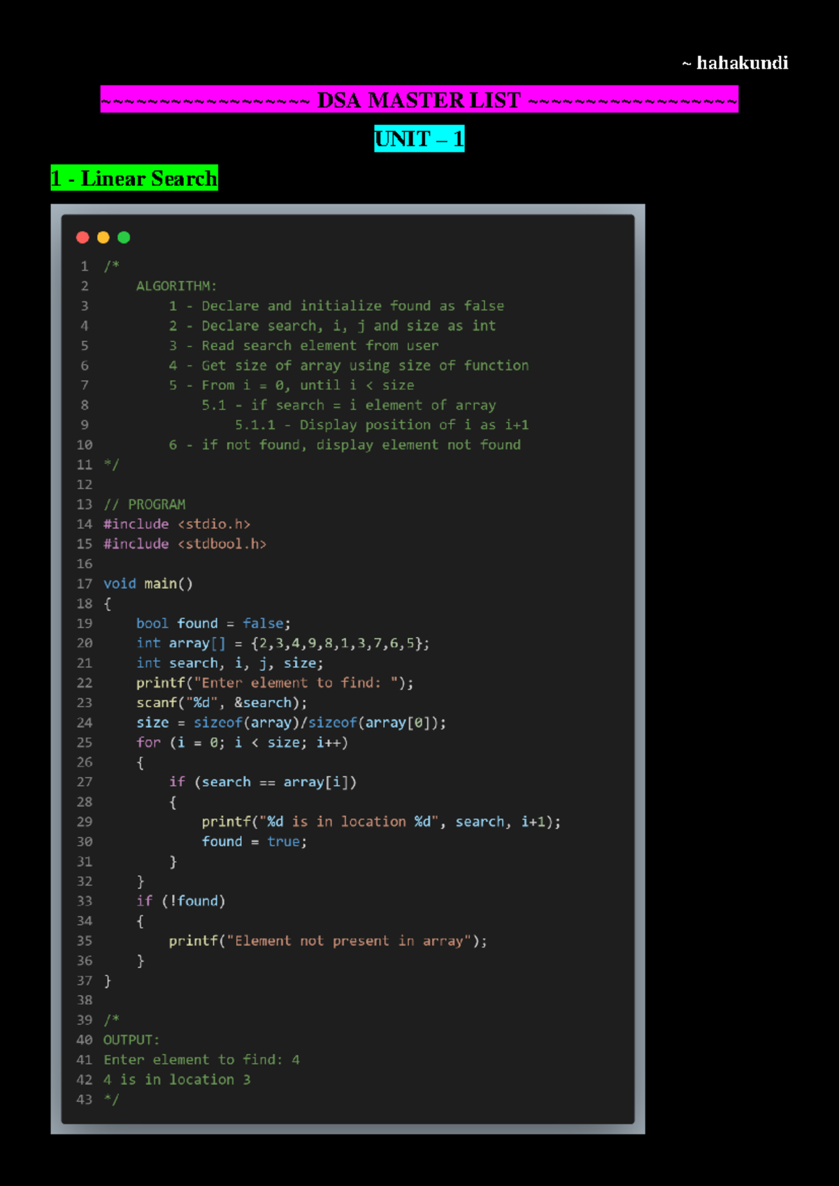 Final DSA important topics - ~ hahakundi UNIT – 1 1 - Linear Search 2 – Binary Search 4 ...