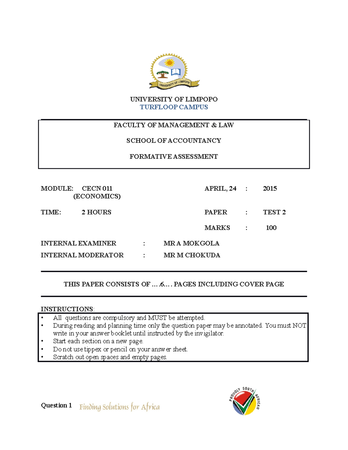 CECN011 TEST 2 2015-1 - UNIVERSITY OF LIMPOPO TURFLOOP CAMPUS FACULTY ...