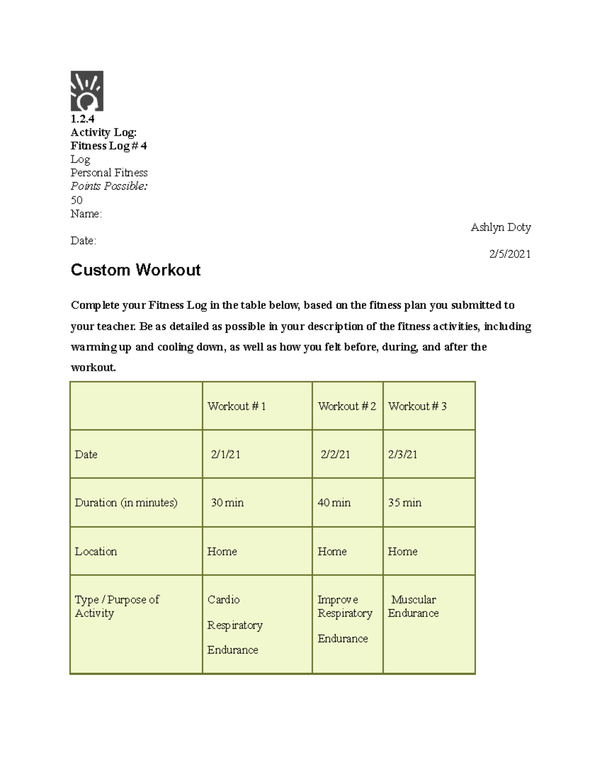Activity Log Fitness Log 4 1 Activity Log Fitness Log 4 Log 