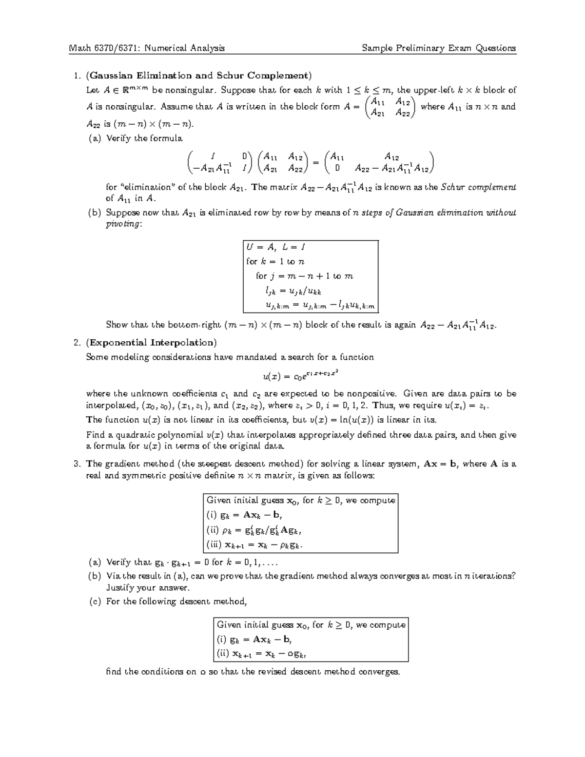 1 Numerical Analysis Prelim Sample Problems - Math 6370/6371: Numerical Analysis Sample ...