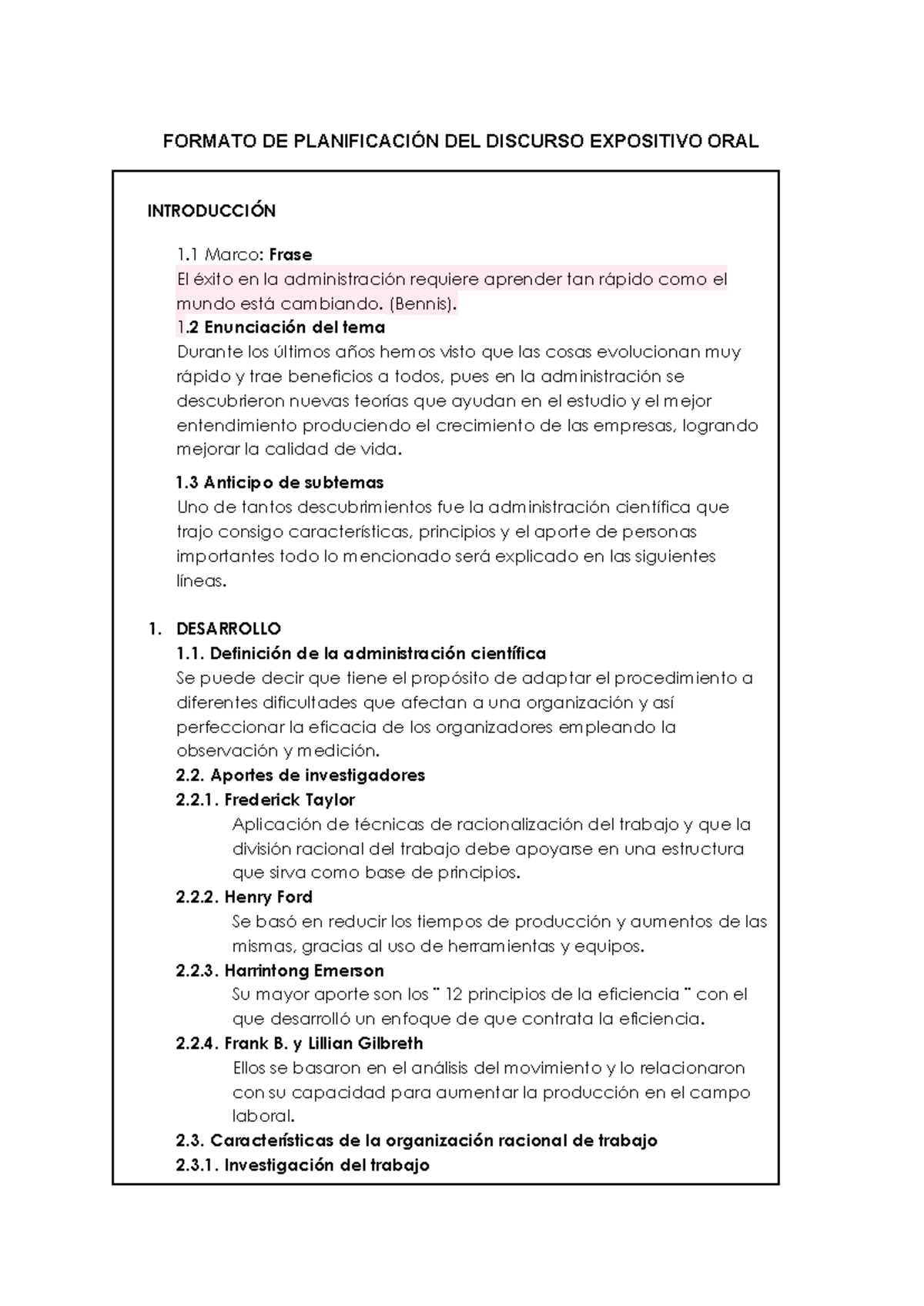 Formato DE Planificación DEL Discurso Expositivo ORAL - FORMATO DE ...