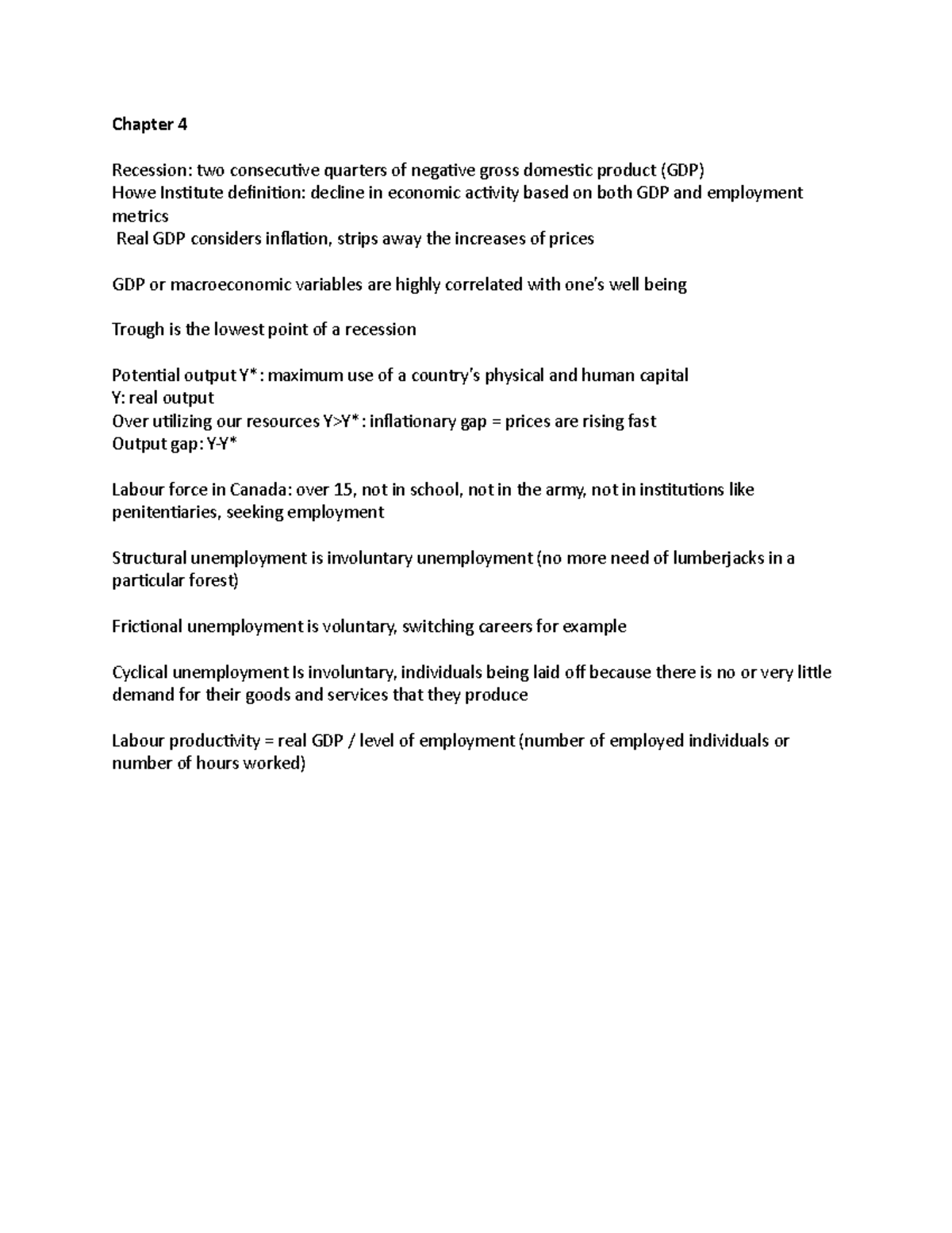 ECON203 Chapter 4 - Chapter 4 Recession: two consecutive quarters of ...