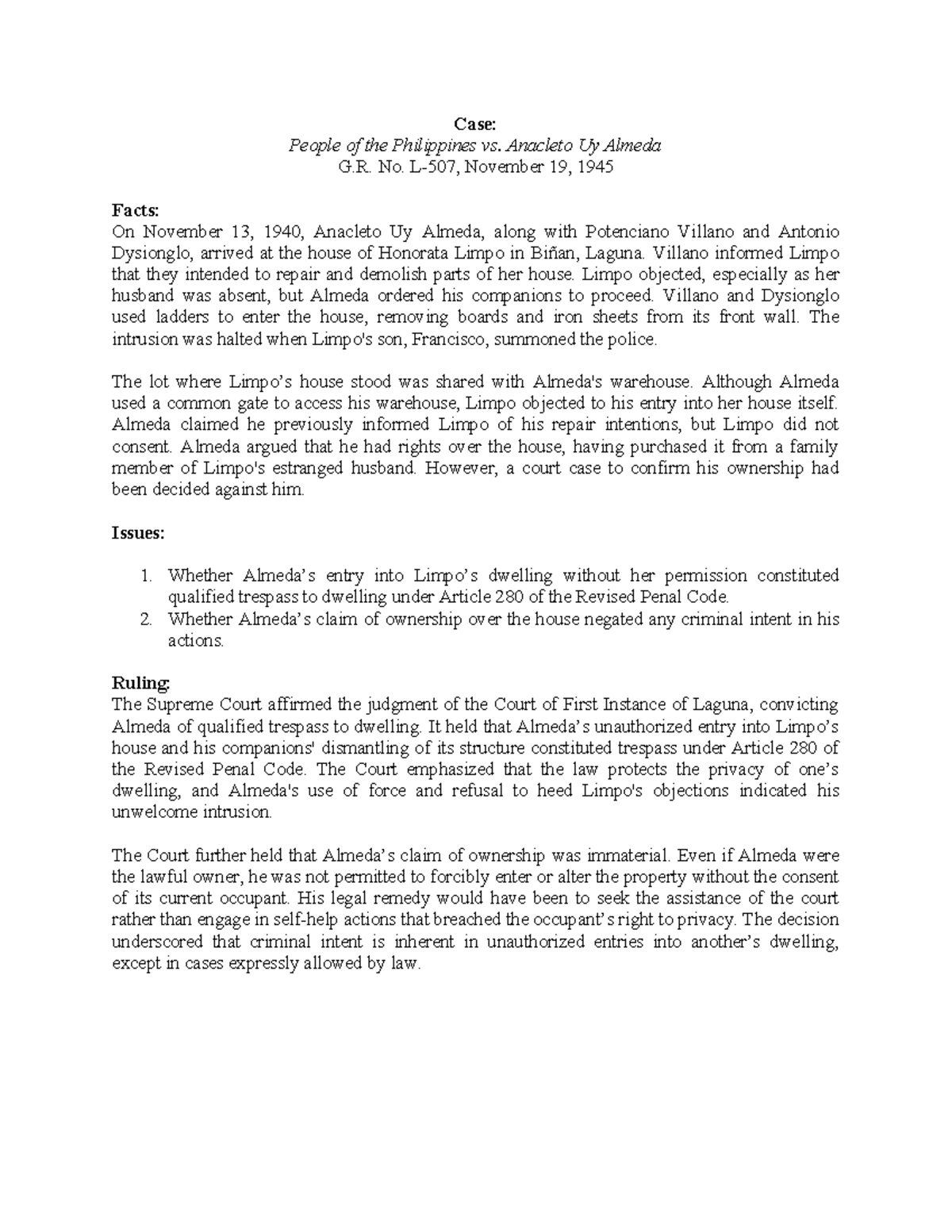 CASE Digest - Case: People of the Philippines vs. Anacleto Uy Almeda G ...