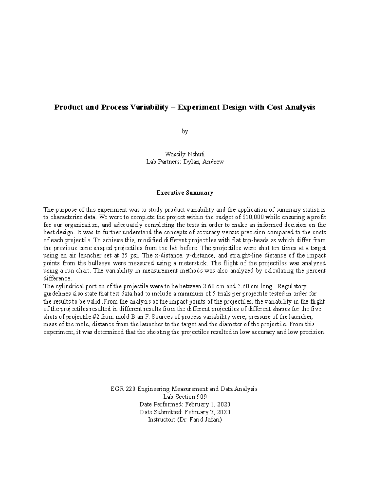Experiment Design with Cost Analysis - Product and Process Variability ...