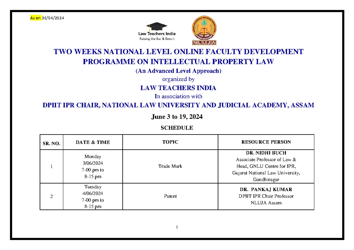 FDP on IPR Nulja and Law Teachers India 30-04-2024 - TWO WEEKS NATIONAL LEVEL ONLINE FACULTY ...
