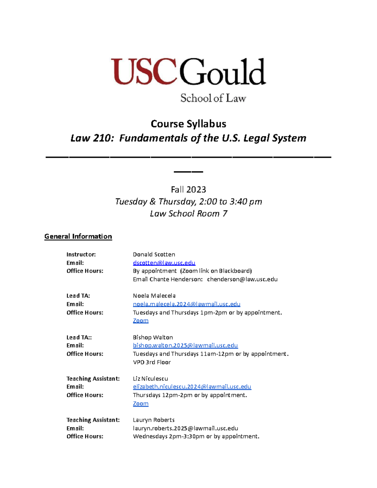 Law 210 Syllabus (Fall 2023) - Course Syllabus Law 210: Fundamentals of ...