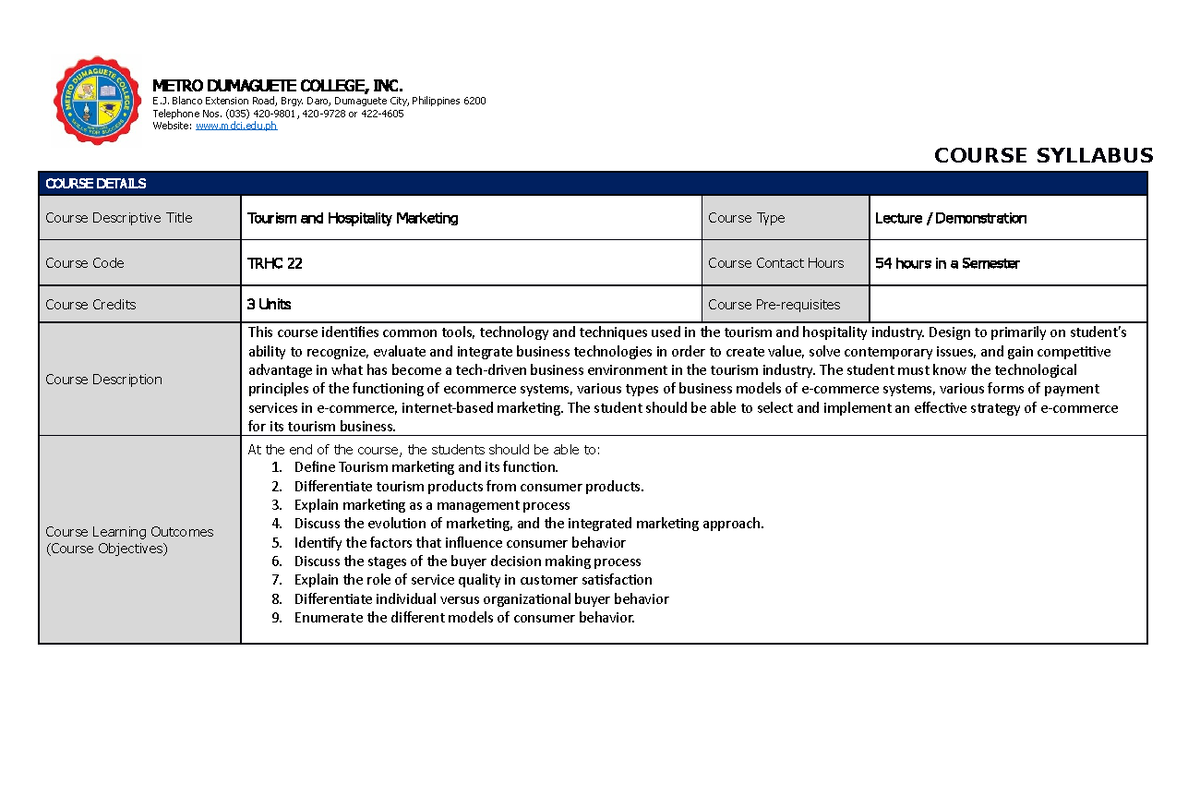 Course syllabus Tourism Information Management 1 2 - METRO DUMAGUETE ...