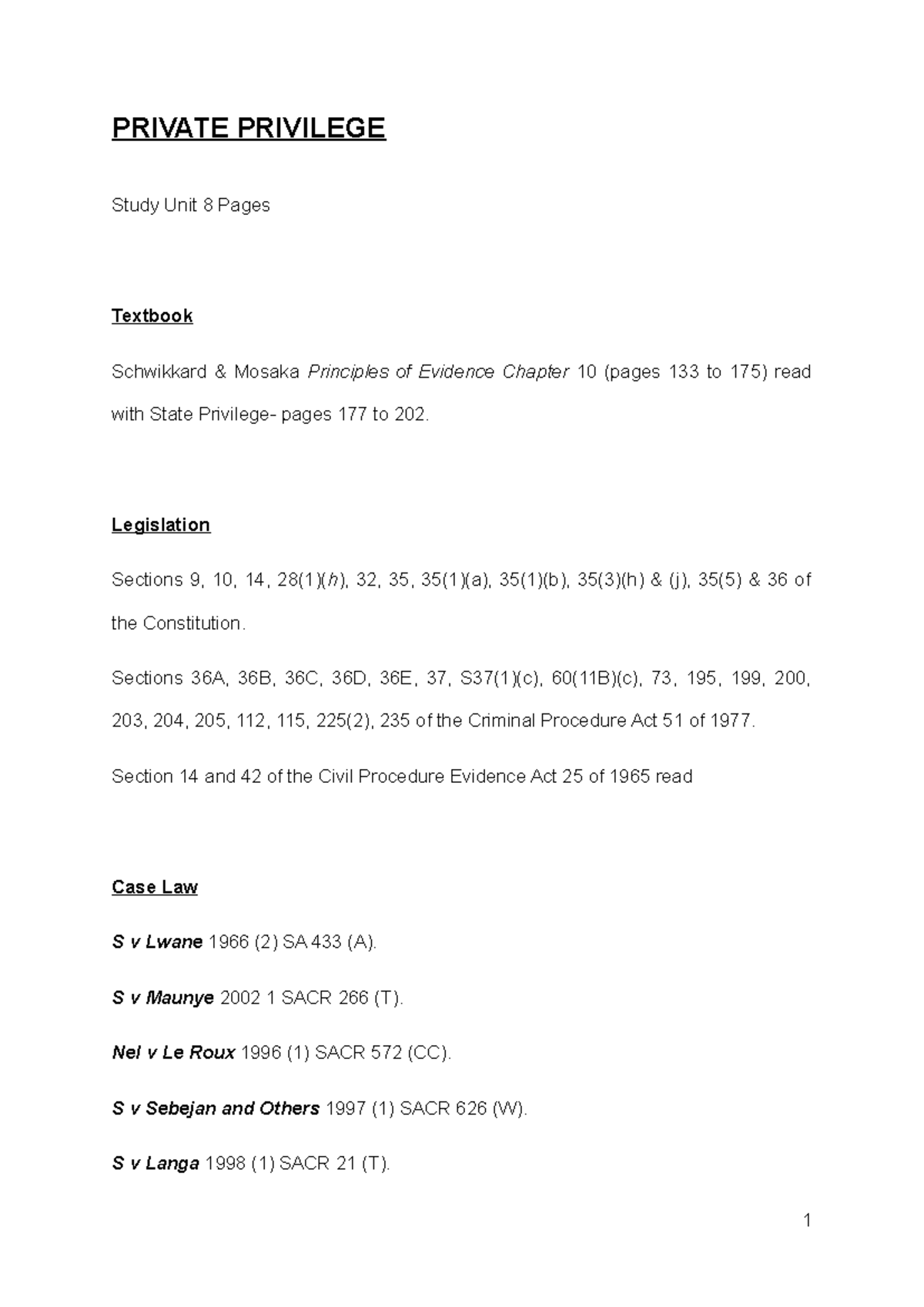 Private Privilege - lecture notes - PRIVATE PRIVILEGE Study Unit 8 ...