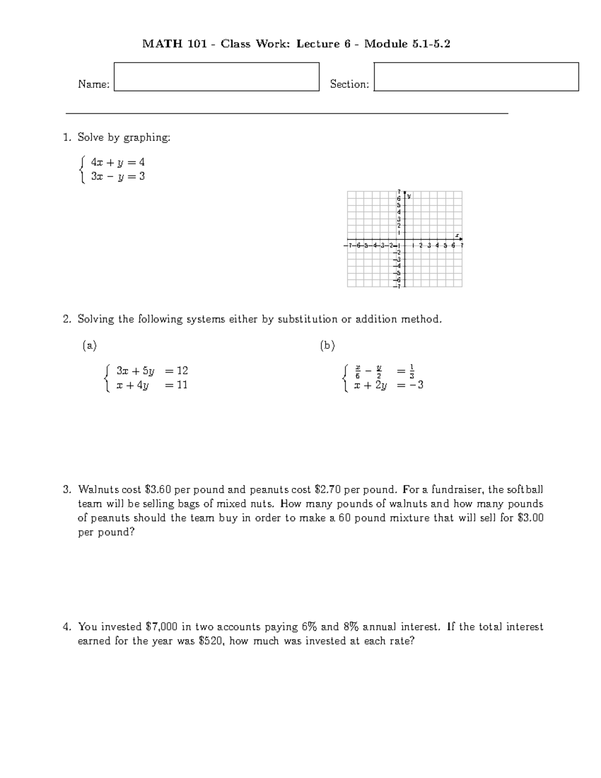 MATH101 Fall2018 Lecture 06 classwork - MATH 101 - Class Work: Lecture 6 - Module 5-5. Name ...