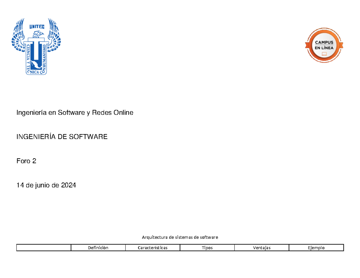Foro 2 - Ingeniería en Software y Redes Online INGENIERÍA DE SOFTWARE Foro 2 14 de junio de 2024 ...