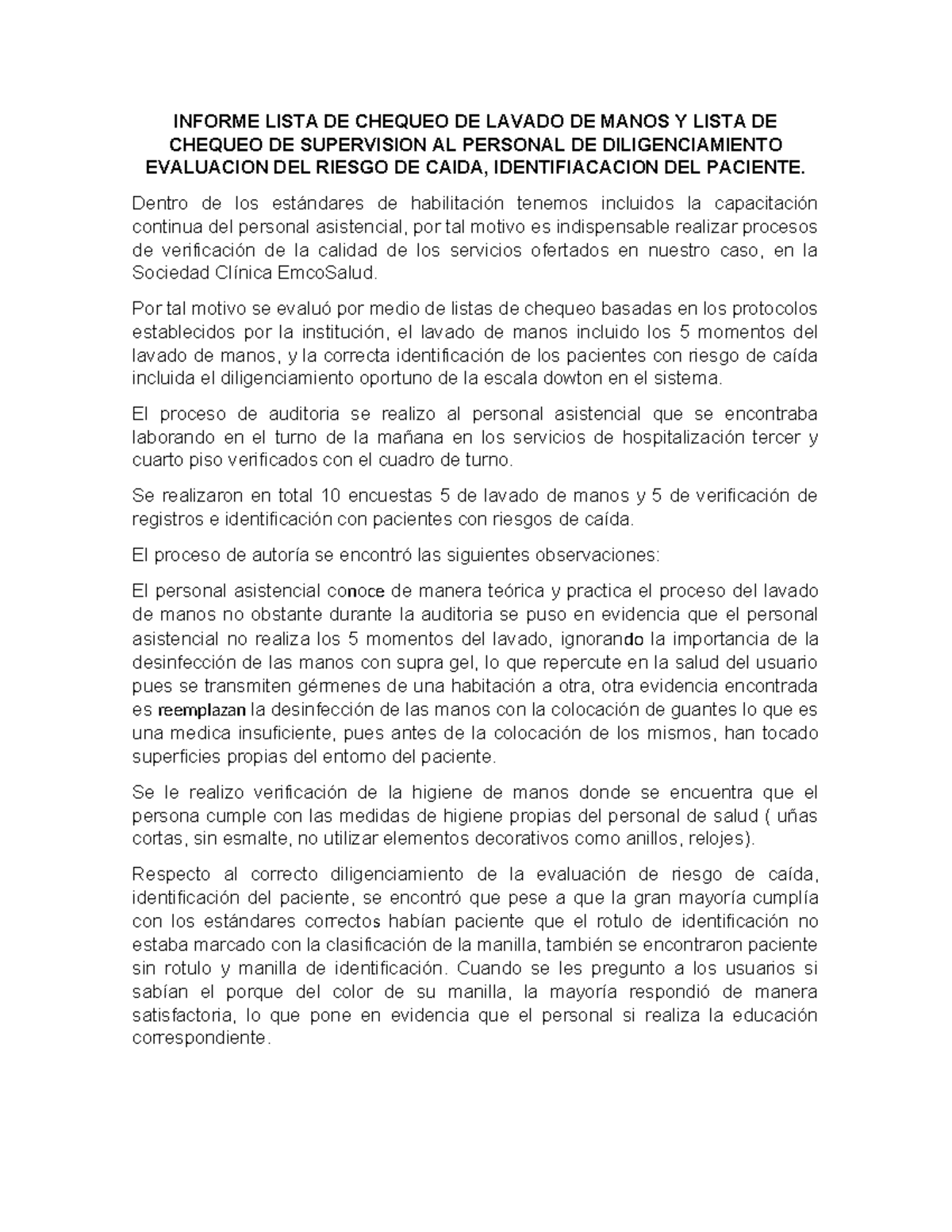 Informe Lista DE Chequeo DE Lavado DE Manos Y Lista DE Chequeo DE ...