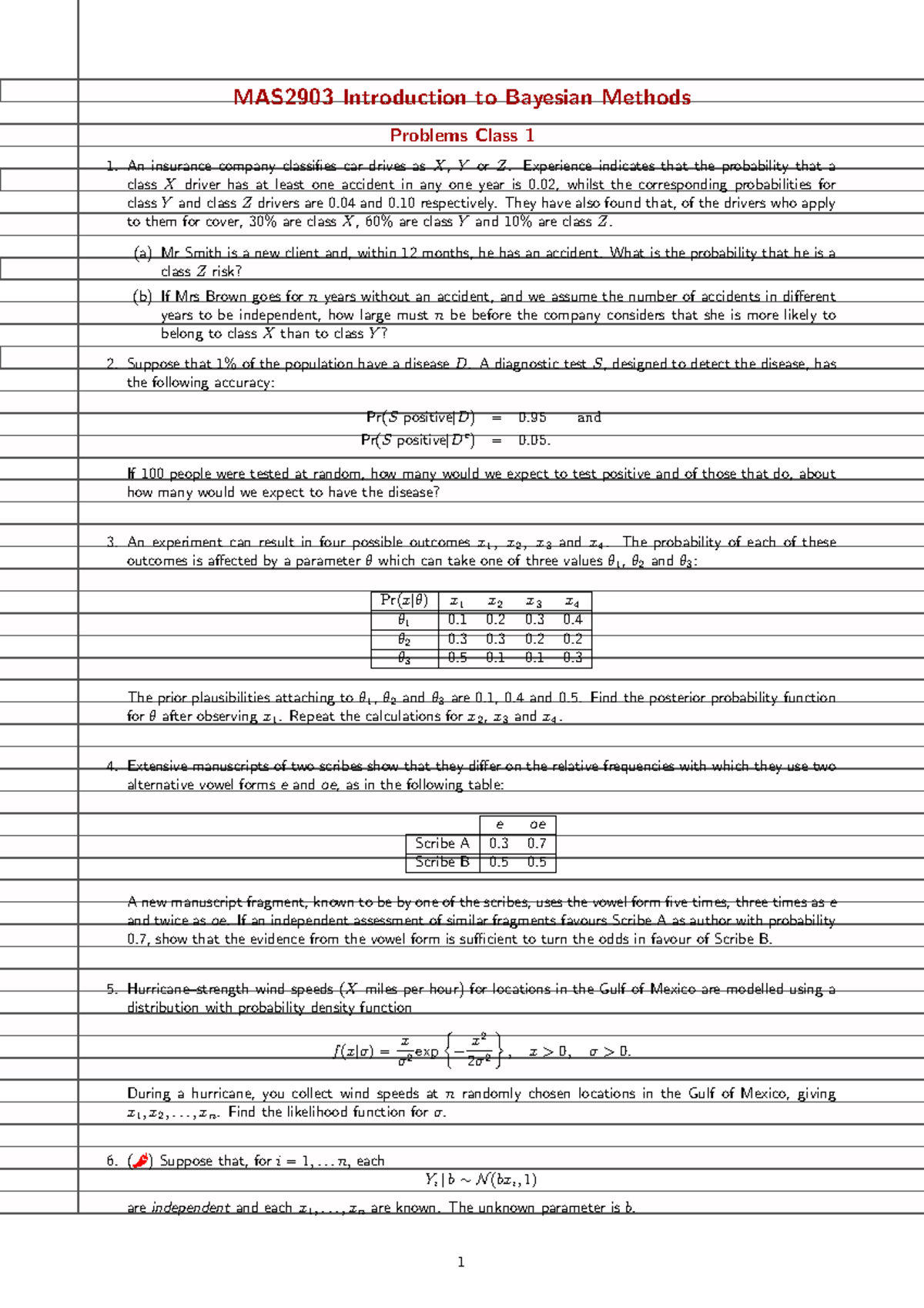 Mas2903 Problems Class Qs Mas2903 Introduction To Bayesian Methods Problems Class 1 An