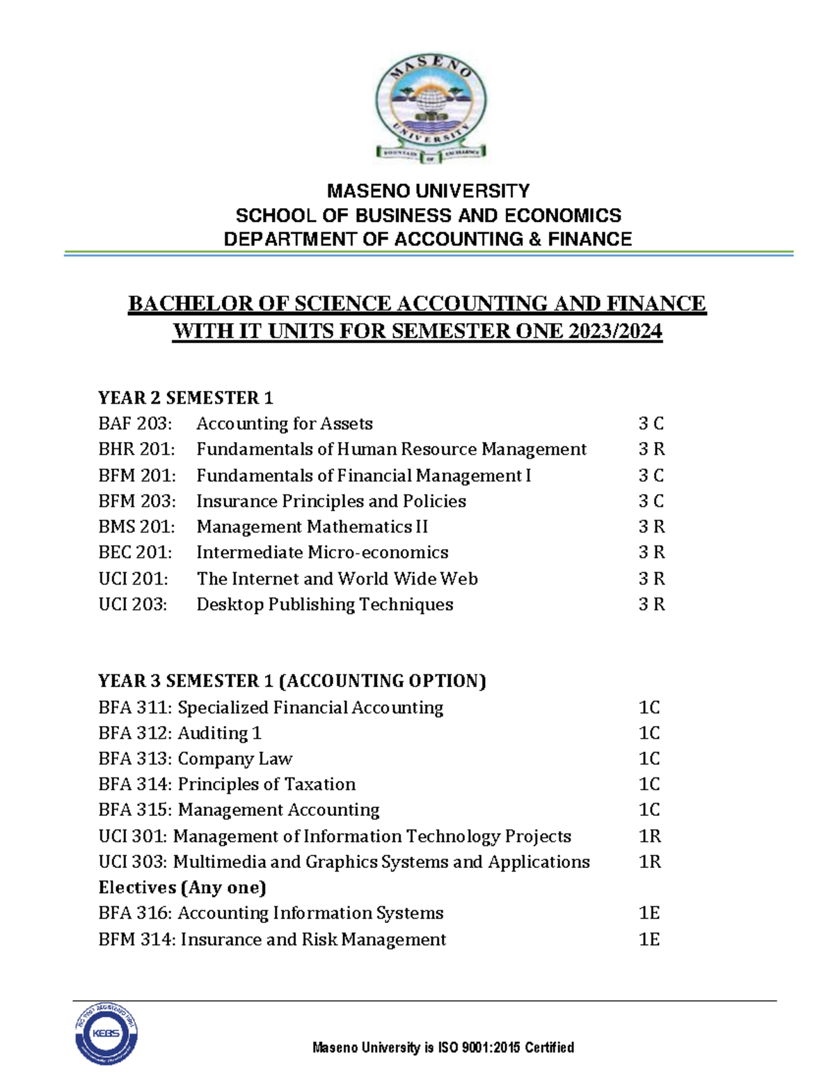 BSc Accounting Units Semester One 2023-2024 - Maseno University is ISO ...